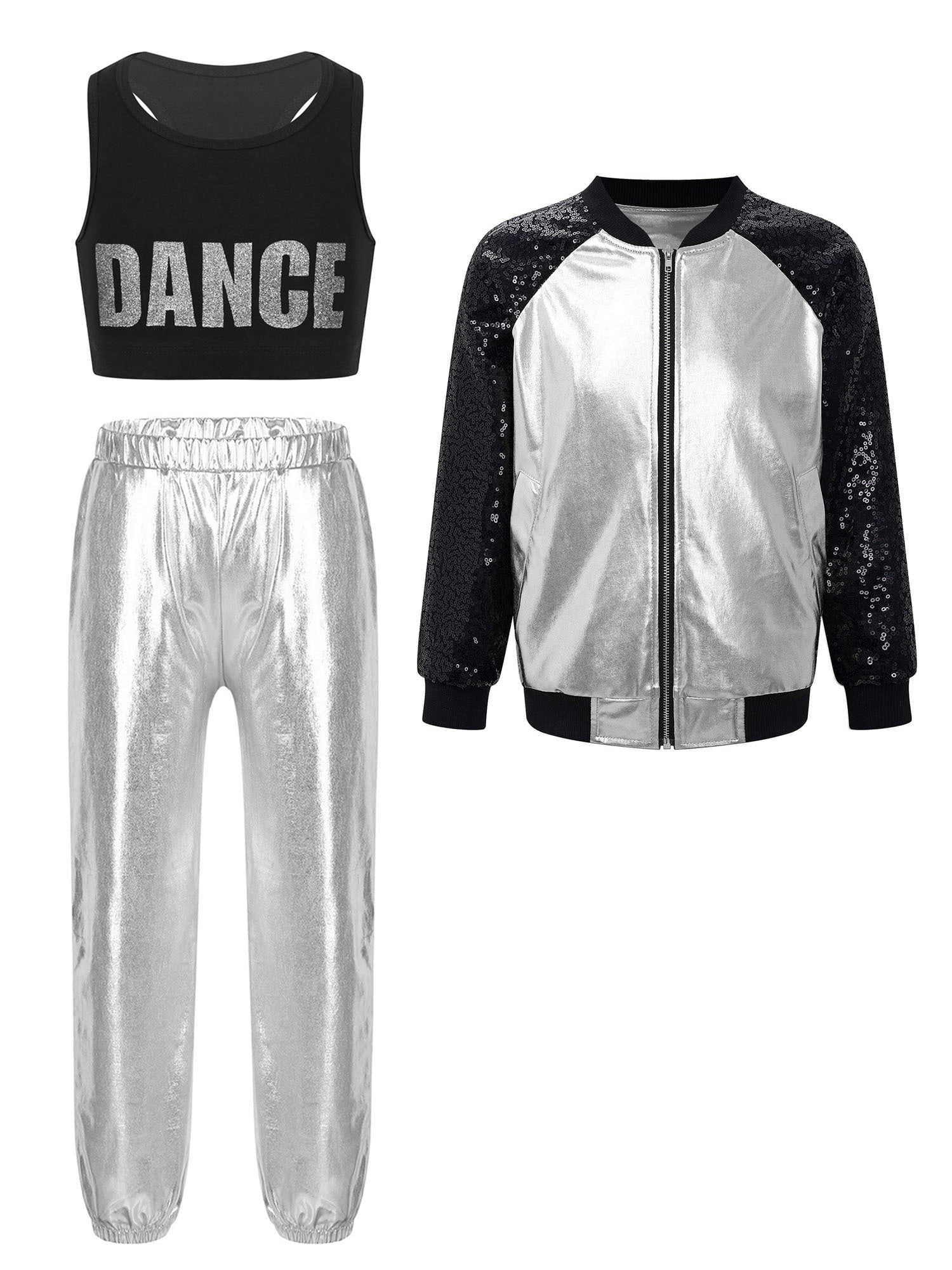 Haitryli Kids Girls Jazz Hip Hop Dance Costume Metallic Bomber Jacket ...