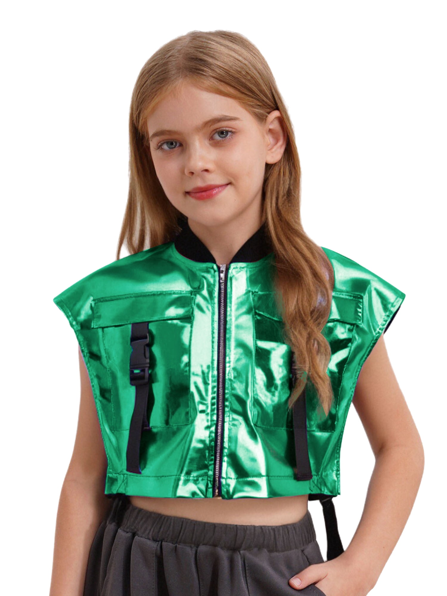 Haitryli Kids Girls Metallic Dance Vest Sleeveless Zipper Shiny Jacket ...