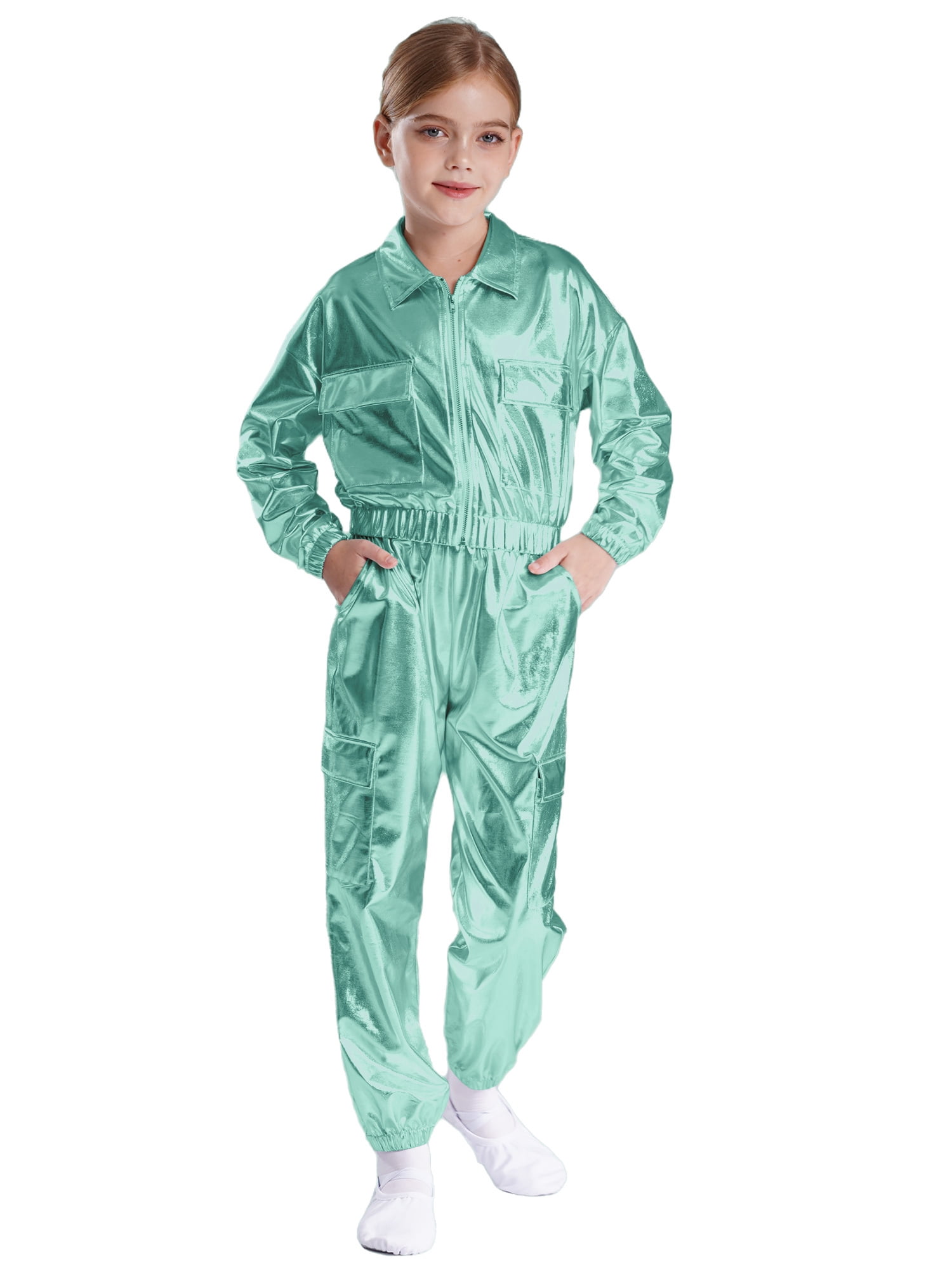 Haitryli Kids Girls Metallic Hip Hop Dance Outfits Boys Zipper Jacket ...