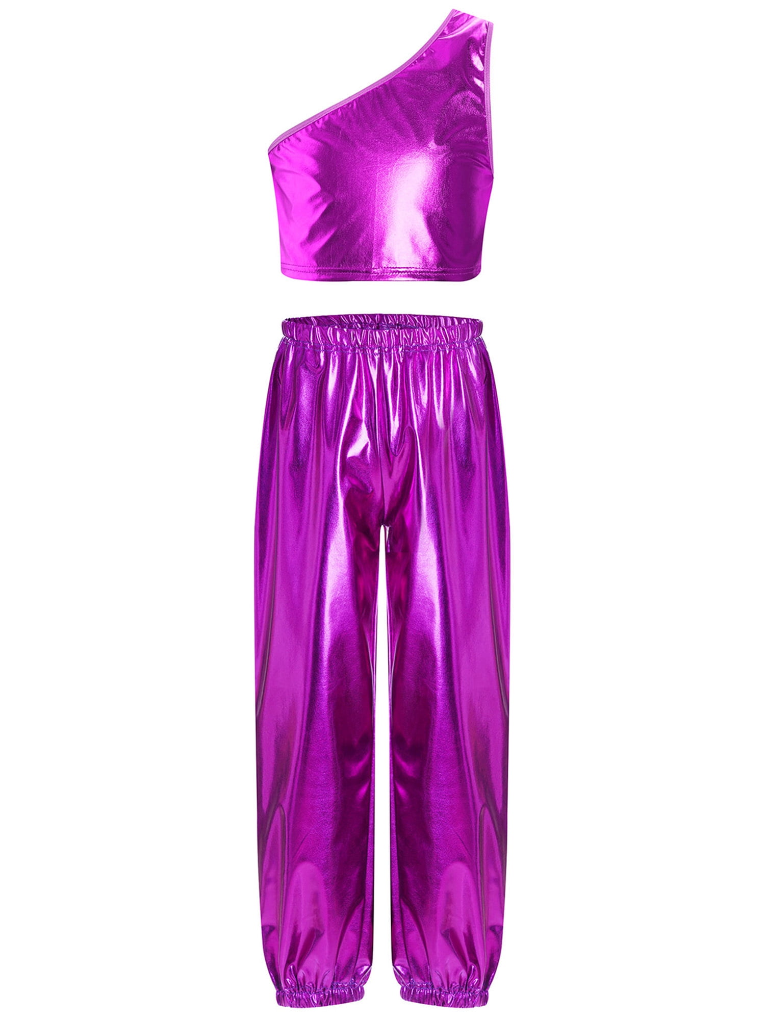 Haitryli Kids Girls Metallic One Shoulder Jazz Modern Dance Crop Tops ...