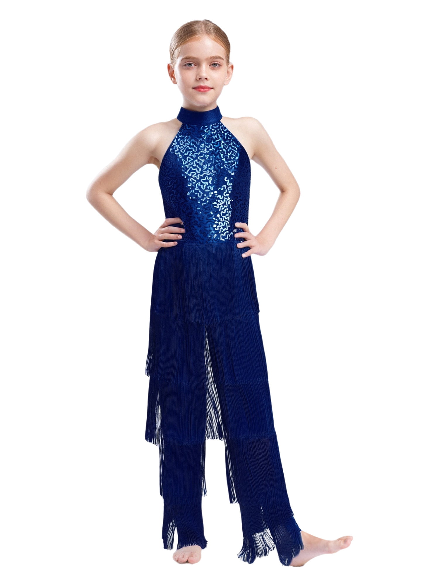 Haitryli Kids Girls Sequin Layered Tassel Pants Jumpsuit Sleeveless ...
