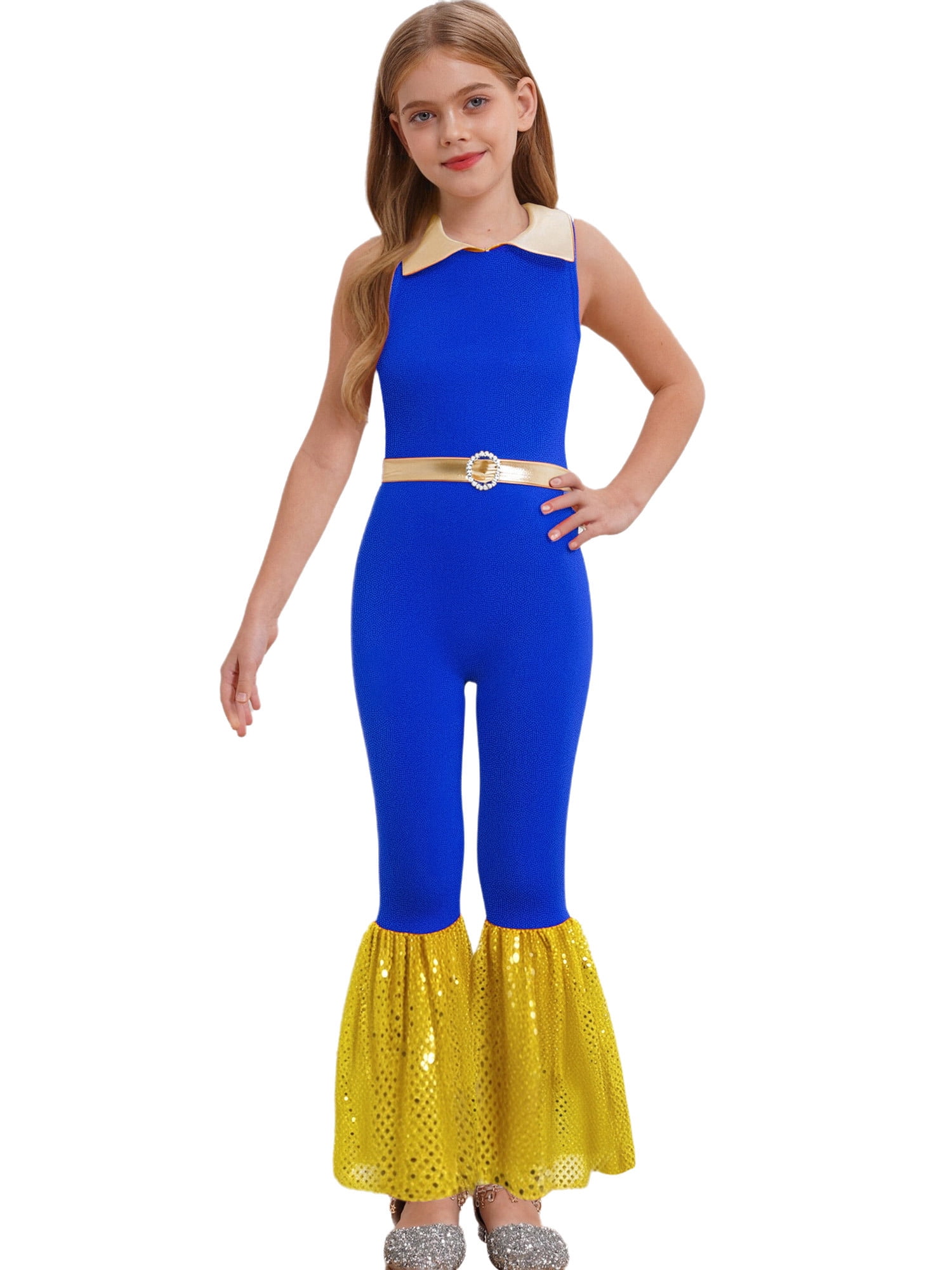 Haitryli Kids Girls Sequin Metallic Bell Bottom Jumpsuit Flare Pants ...