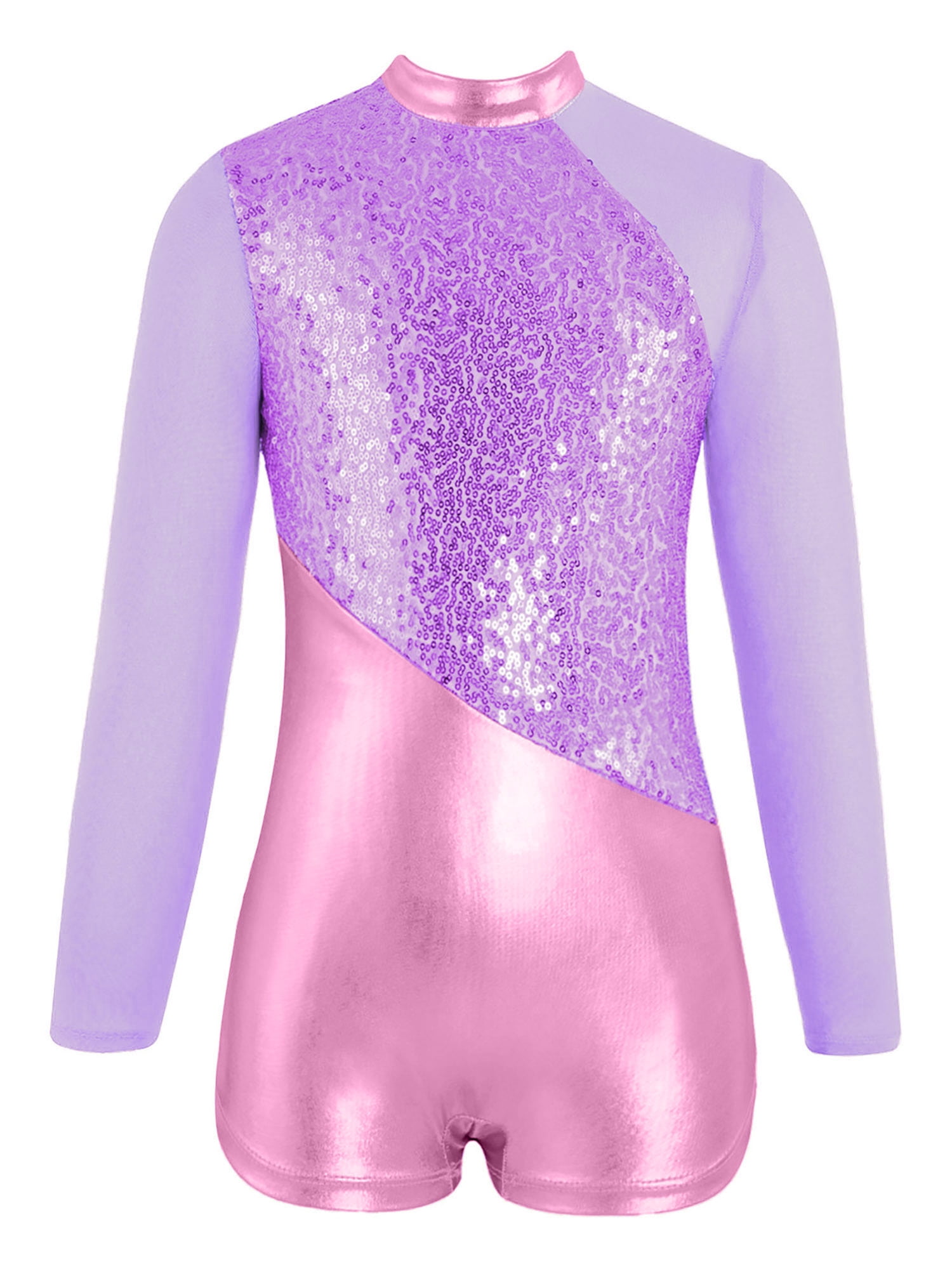 Haitryli Kids Girls Metallic Sequin Dance Unitard Long Sleeve Mesh ...