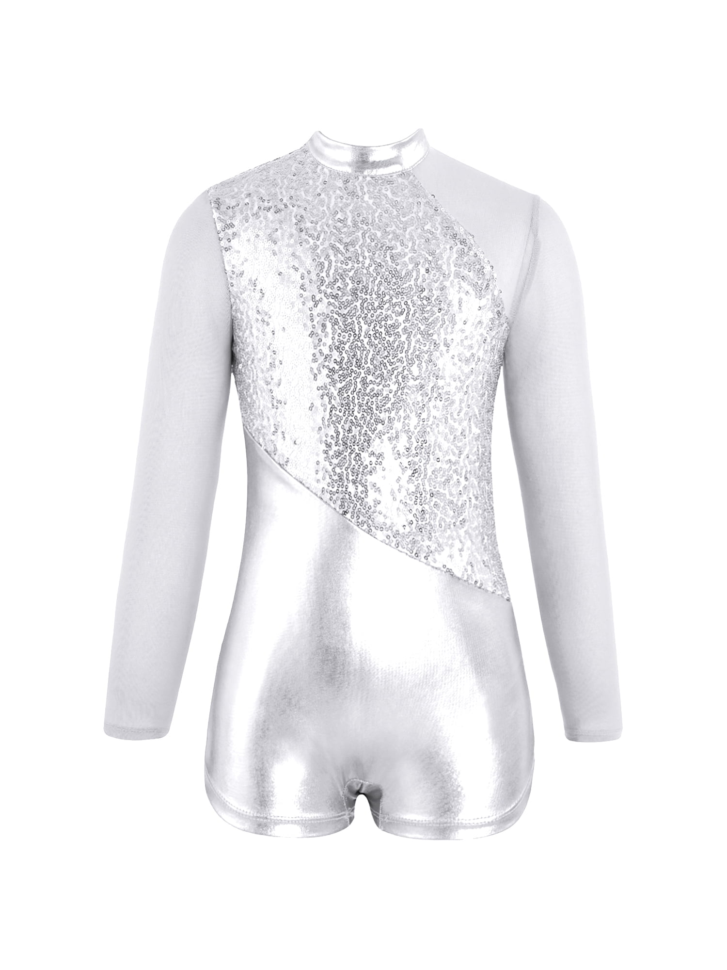 Haitryli Kids Girls Metallic Sequin Dance Unitard Long Sleeve Mesh ...