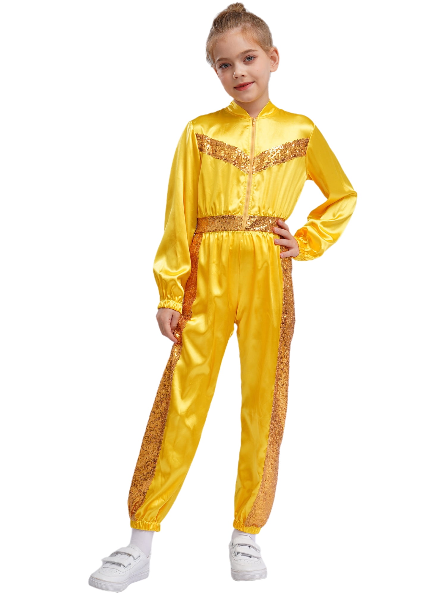 Haitryli Kids Girls Shiny Dance Jumpsuits Sequins Satin Full Length ...