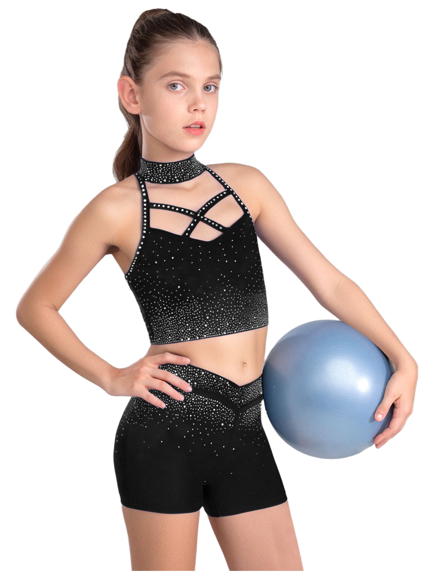 Haitryli Kids Girls Shiny Rhinestone Sports Set Halter Tank Top Shorts ...