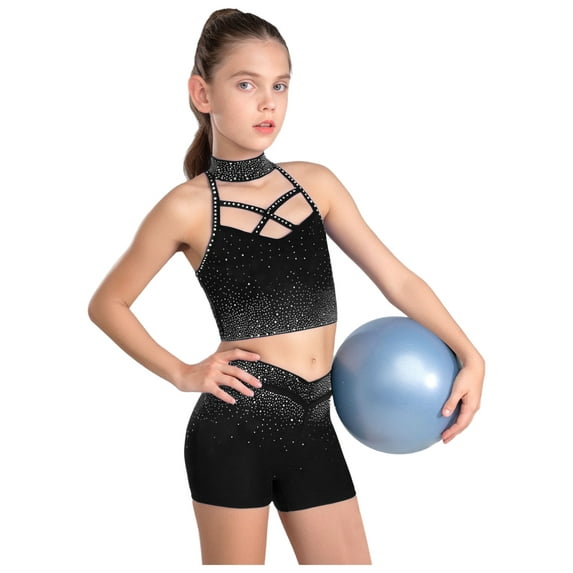Haitryli Kids Girls Shiny Rhinestone Sports Set Halter Tank Top Shorts ...
