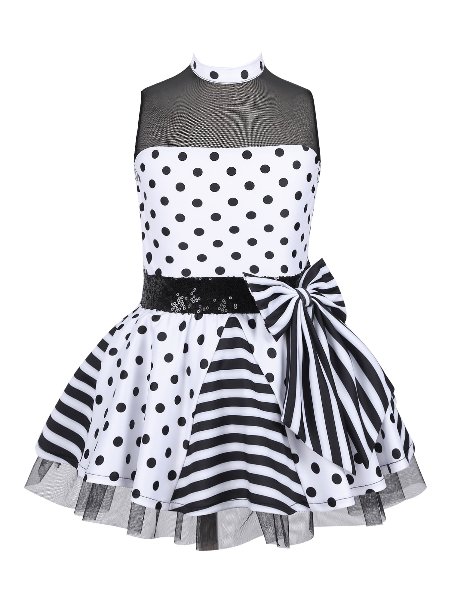 Haitryli Kids Girls Stripe Polka Dots Dance Dress Sequins Mesh Tulle Leotards Dress Ballet ...