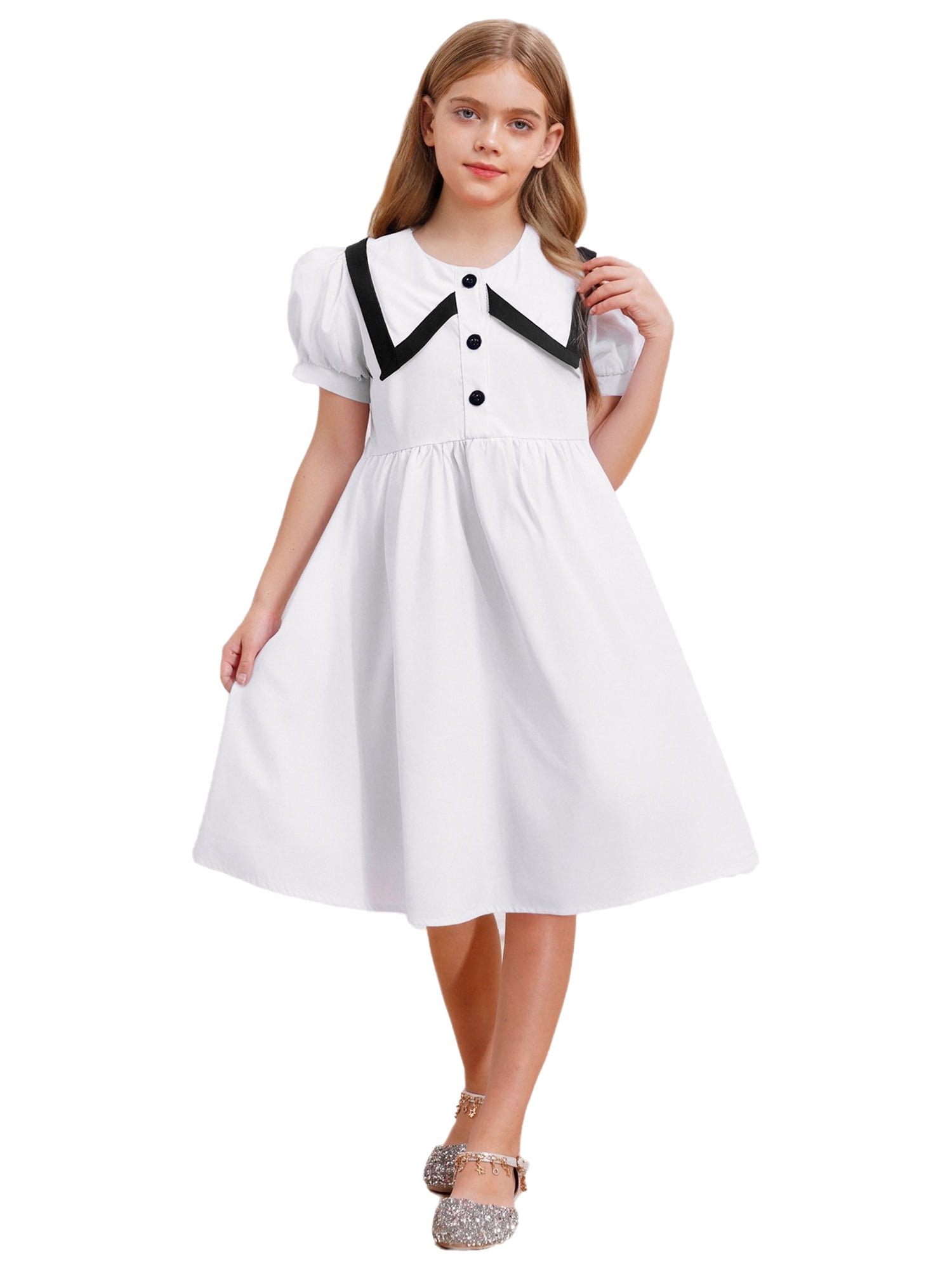 Haitryli Kids Girls Summer Casual Dress Contrasting Trim Collar A Line ...