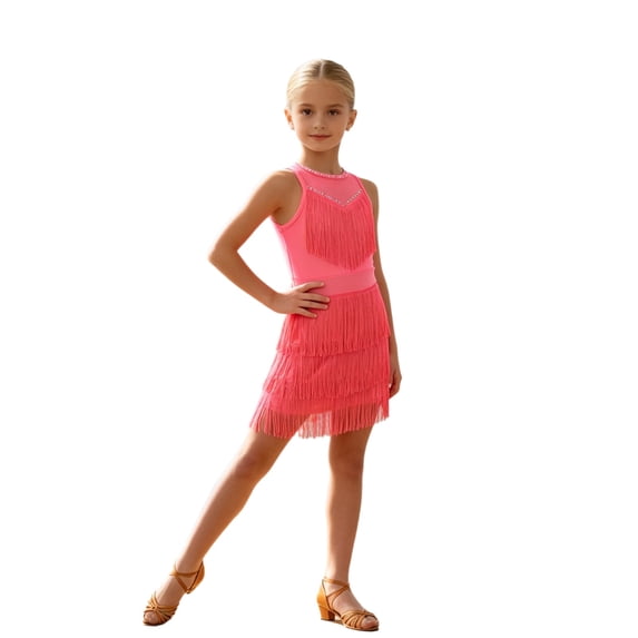 Haitryli Kids Rhinestones Tassel Fringe Latin Dance Dress for Stage ...