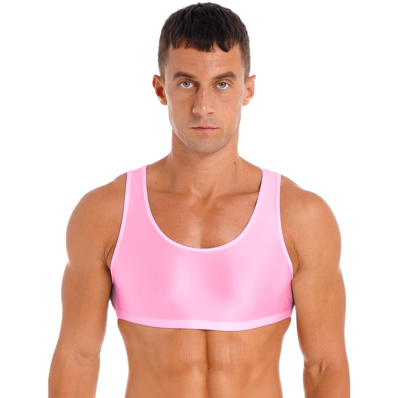 Haitryli Men Glossy Sleeveless Muscle Half Tank Top Vest T Shirts Workout Sport Bras Crop Tops Pink XL Walmart