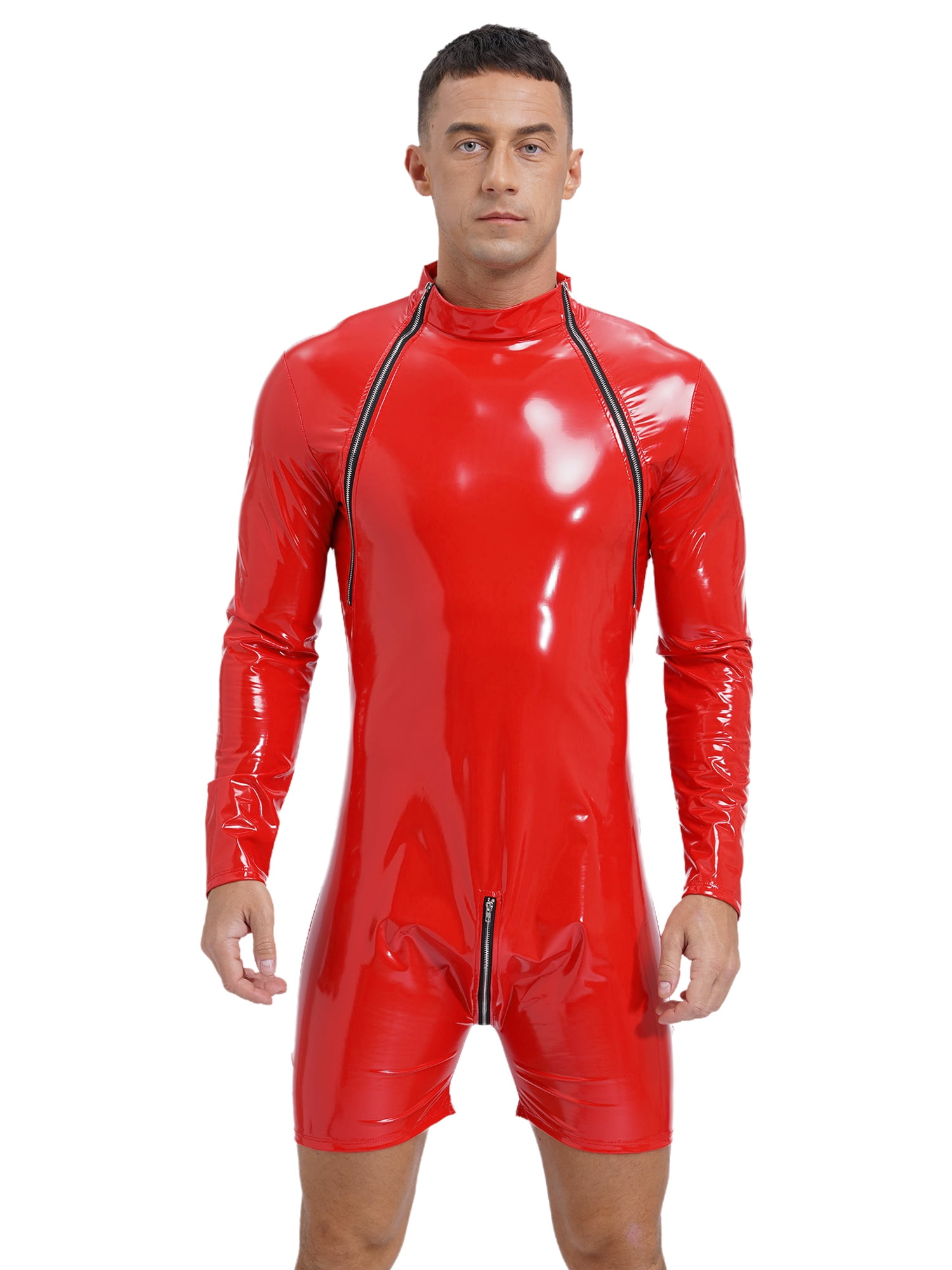 Haitryli Men's Latex Bodysuit Half Short Body Leotard Long Sleeves ...