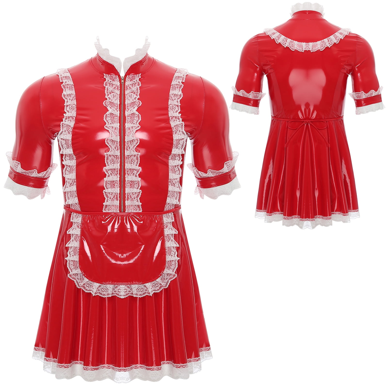 Haitryli Men's PVC Leather French Maid Dress Short Sleeve Lace Zipper ...