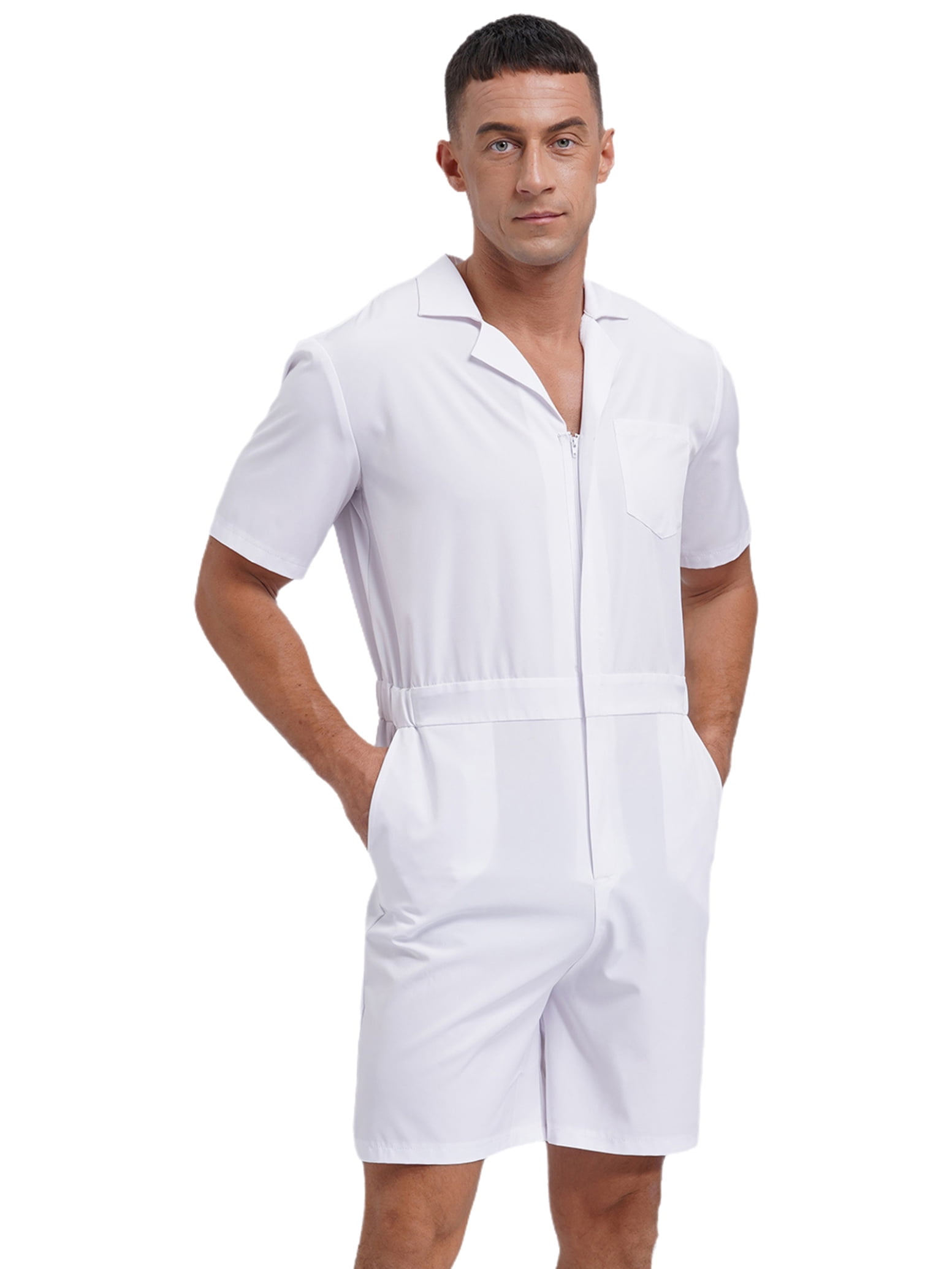 Haitryli Men's Rompers Solid Color Turn-Down Collar Short Sleeve Casual ...