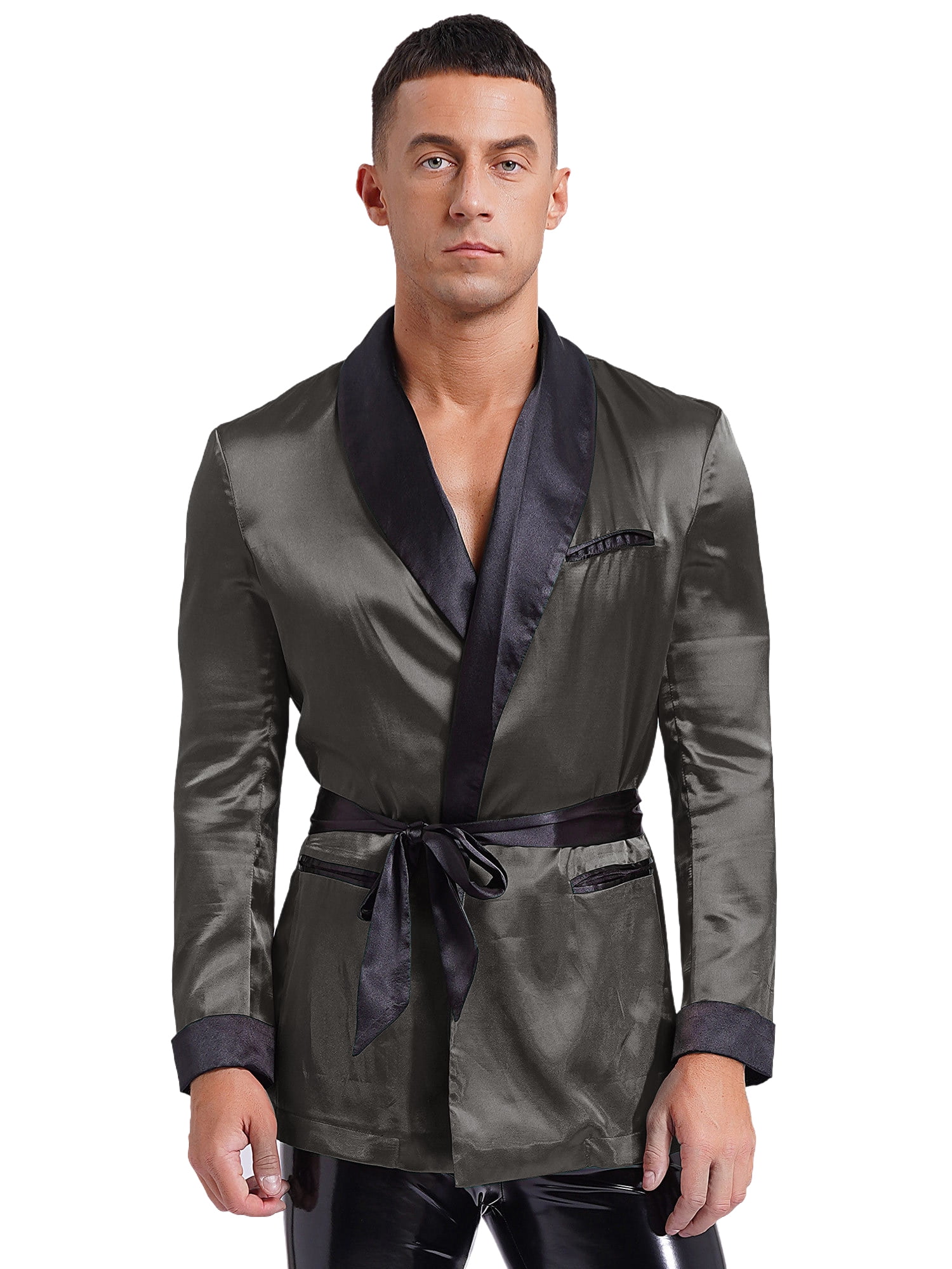 Haitryli Men's Short Satin Smoking Robe with Belt Lightweight Bathrobe ...