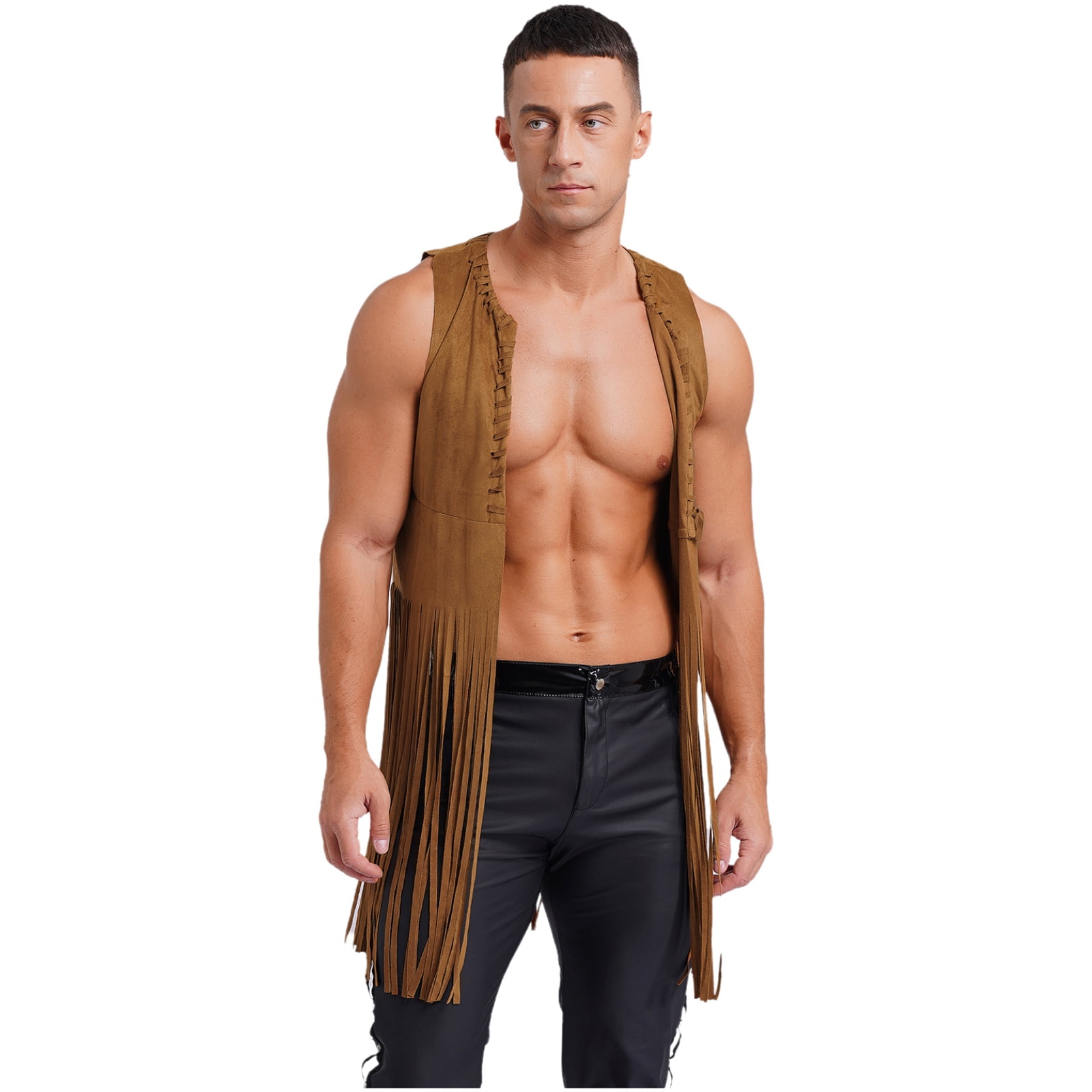 Haitryli Mens Open Front Tan Brown Suede Western Cowboy Vest Vintage ...