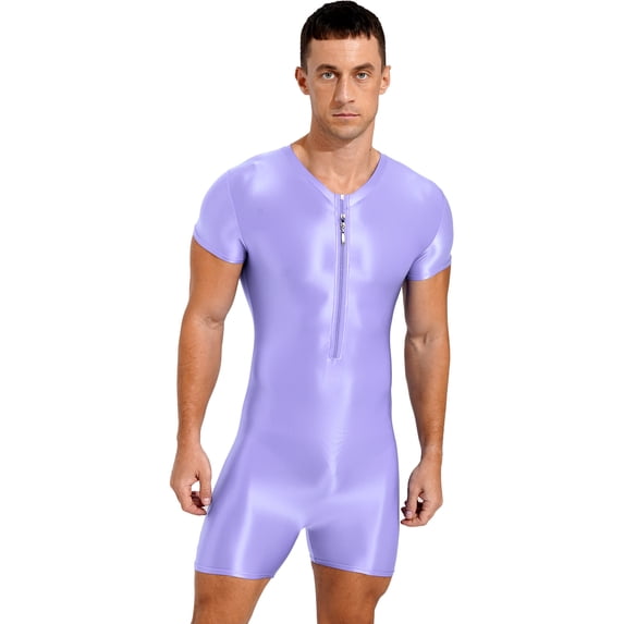 Haitryli Mens Zipper Front Workout Bodysuit Glossy Silky Compression ...