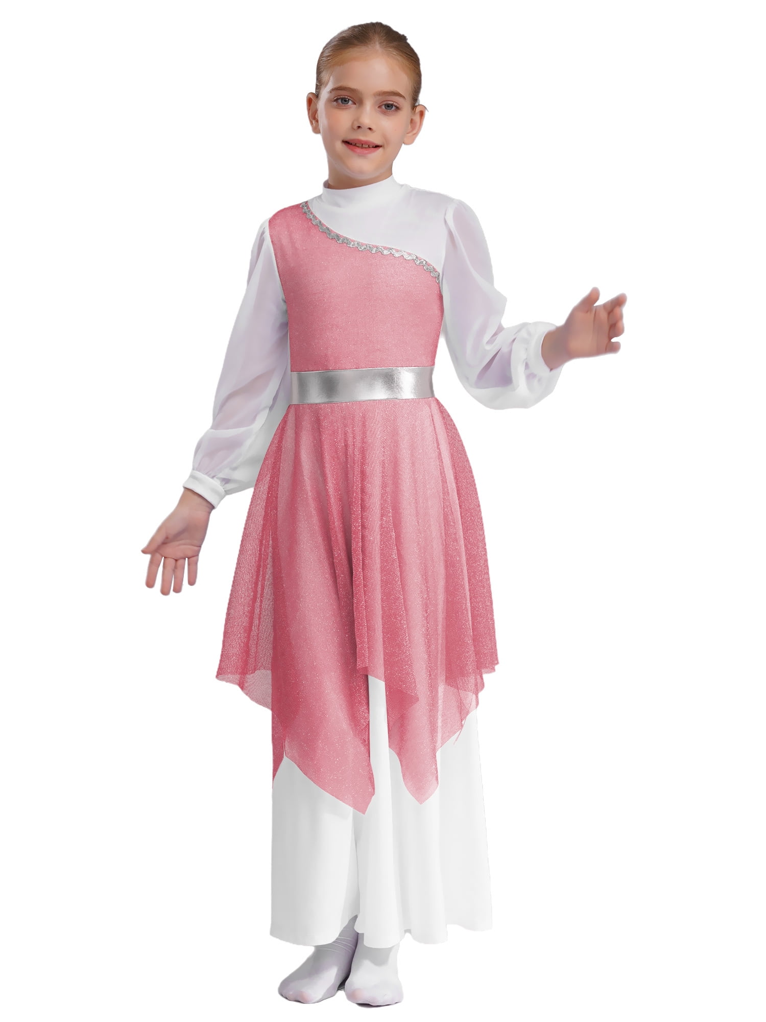 Haitryli Praise Dance Dress for Girls Long Sleeve Metallic Shimmer ...
