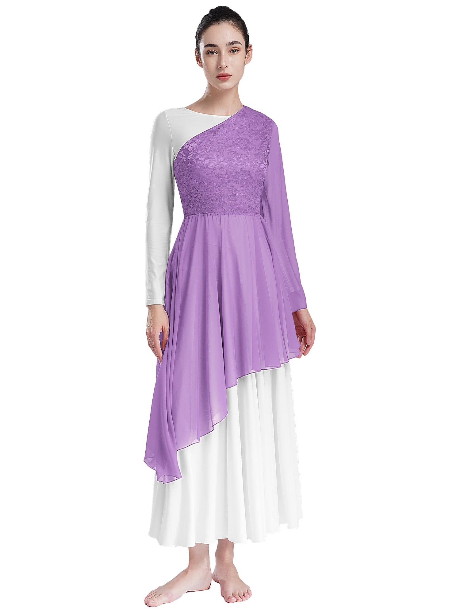 Haitryli Praise Dance Tunic for Women Floral Lace Splice Liturgical Dancewear Asymmetrical ...