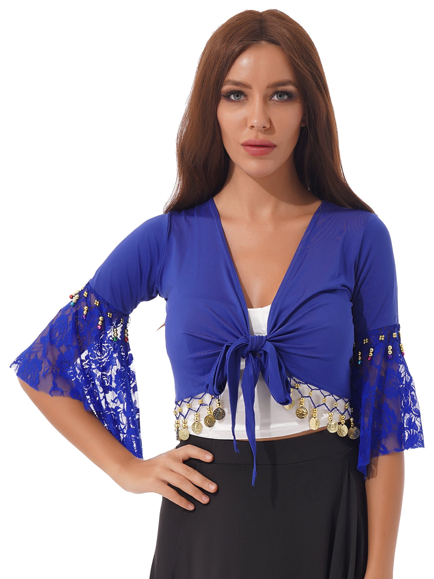 Haitryli Women Glitter Bead Tassel Belly Dance Top Lace 3/4 Flared ...