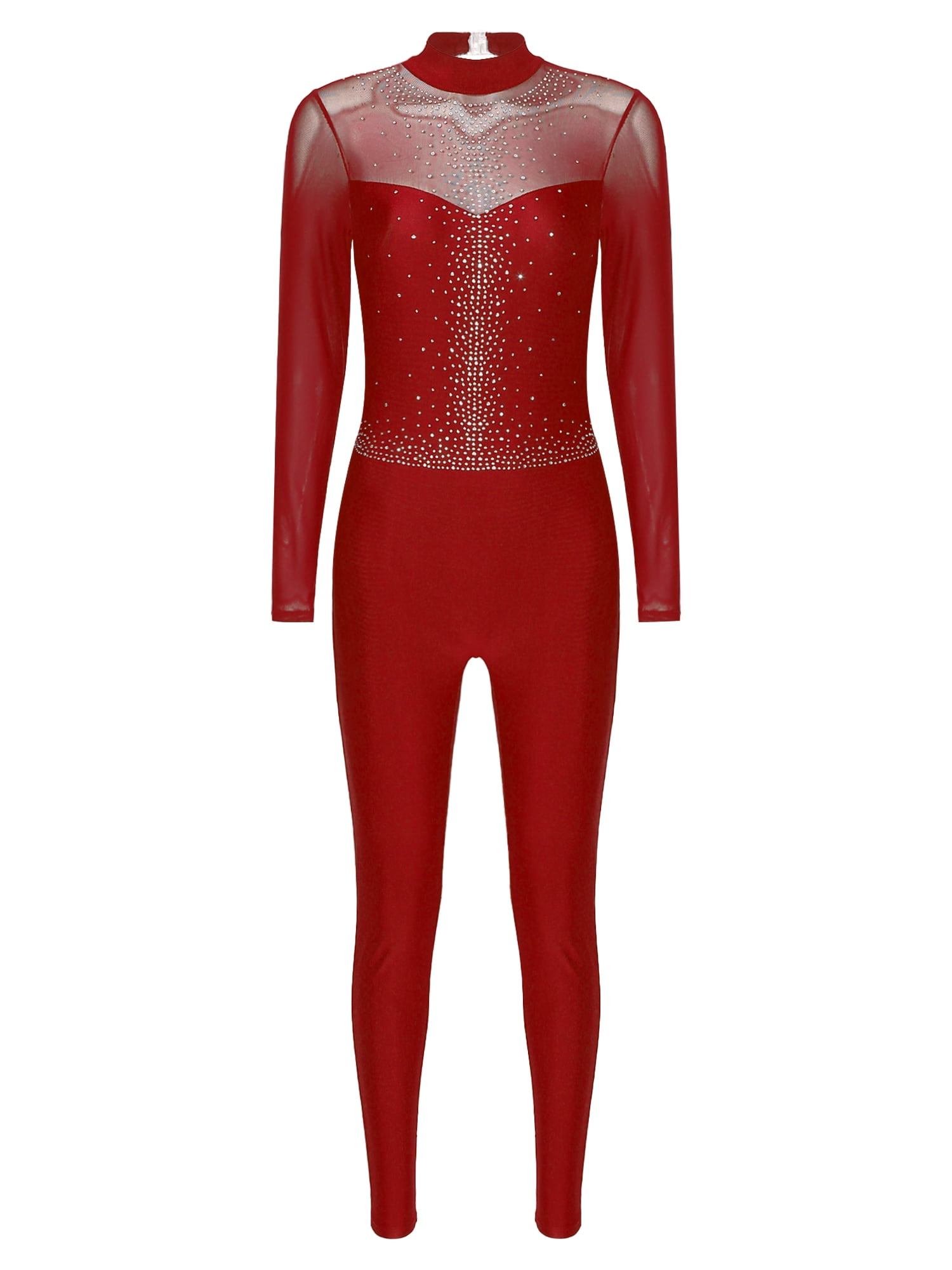 Haitryli Women Long Sleeve Gymnastics Leotard Unitard Rhinestone Full ...