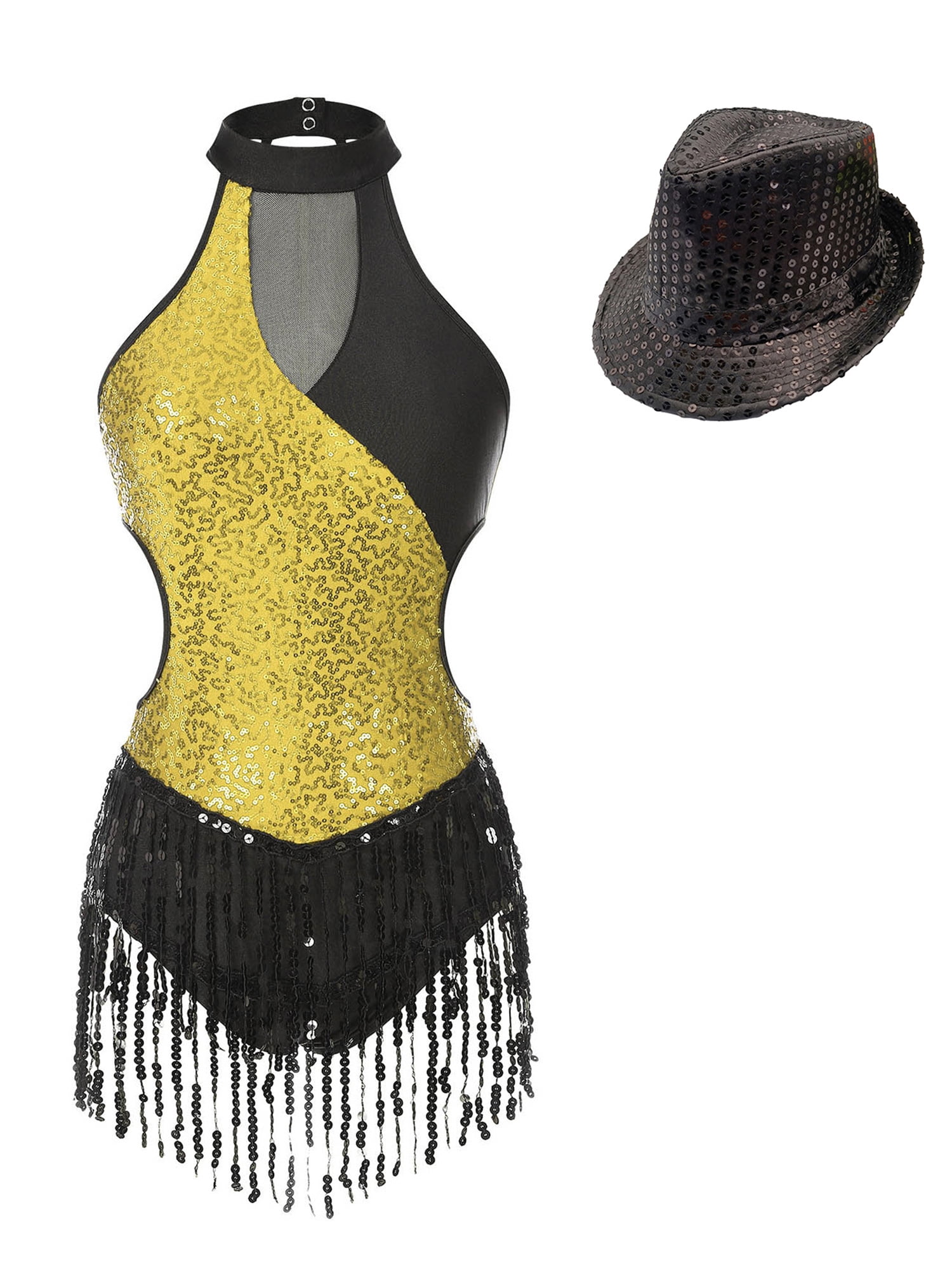 Haitryli Women Sequin Jazz Dance Outfit Sleeveless Tassel Leotard with ...
