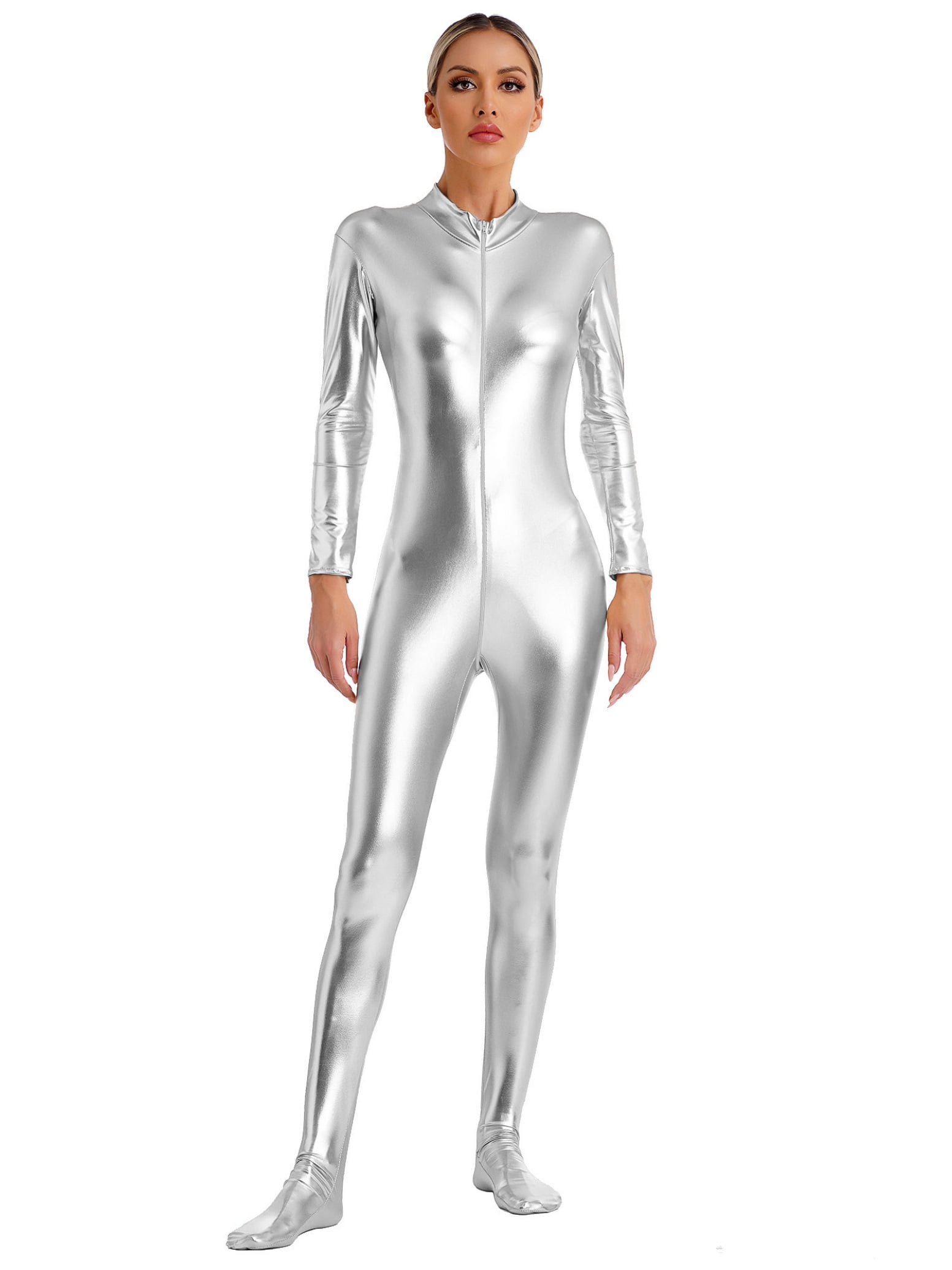 Haitryli Women Shiny Metallic Unitard Long Sleeve Catsuit Bodysuit Full Body Unitard Tights ...