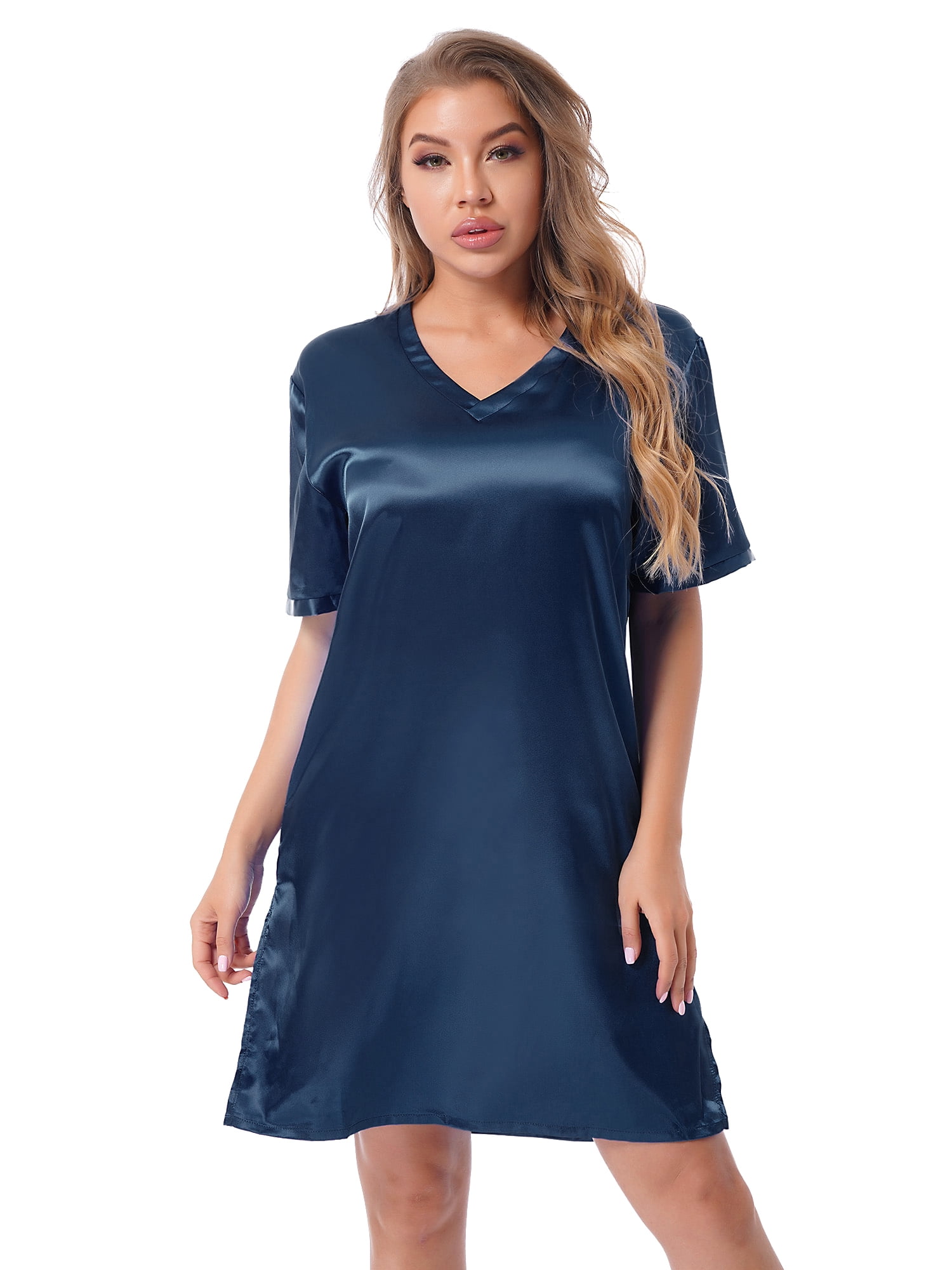 Haitryli Women Short Sleeve V Neck Solid Nightshirt Satin Nightgown ...