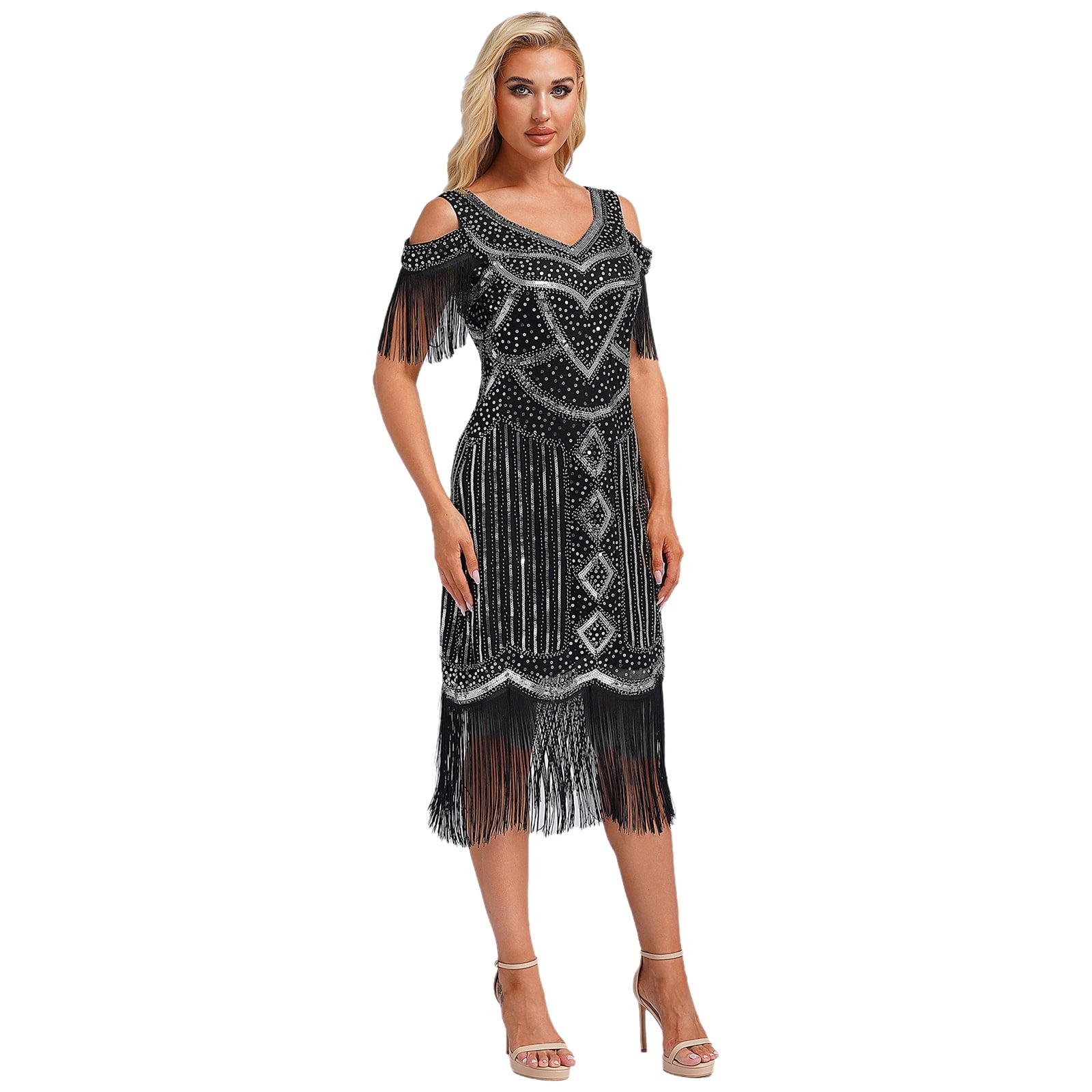 Haitryli Women's 1920s Shiny Sequin Flapper Dress Fringe Latin Dance ...