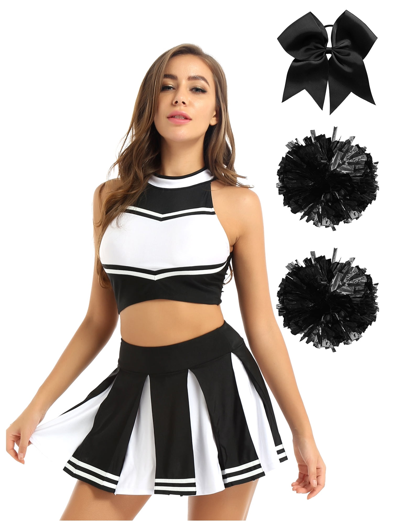 Haitryli Women's Cheer Leader Costume Crop Top with Pleated Mini Skirt ...