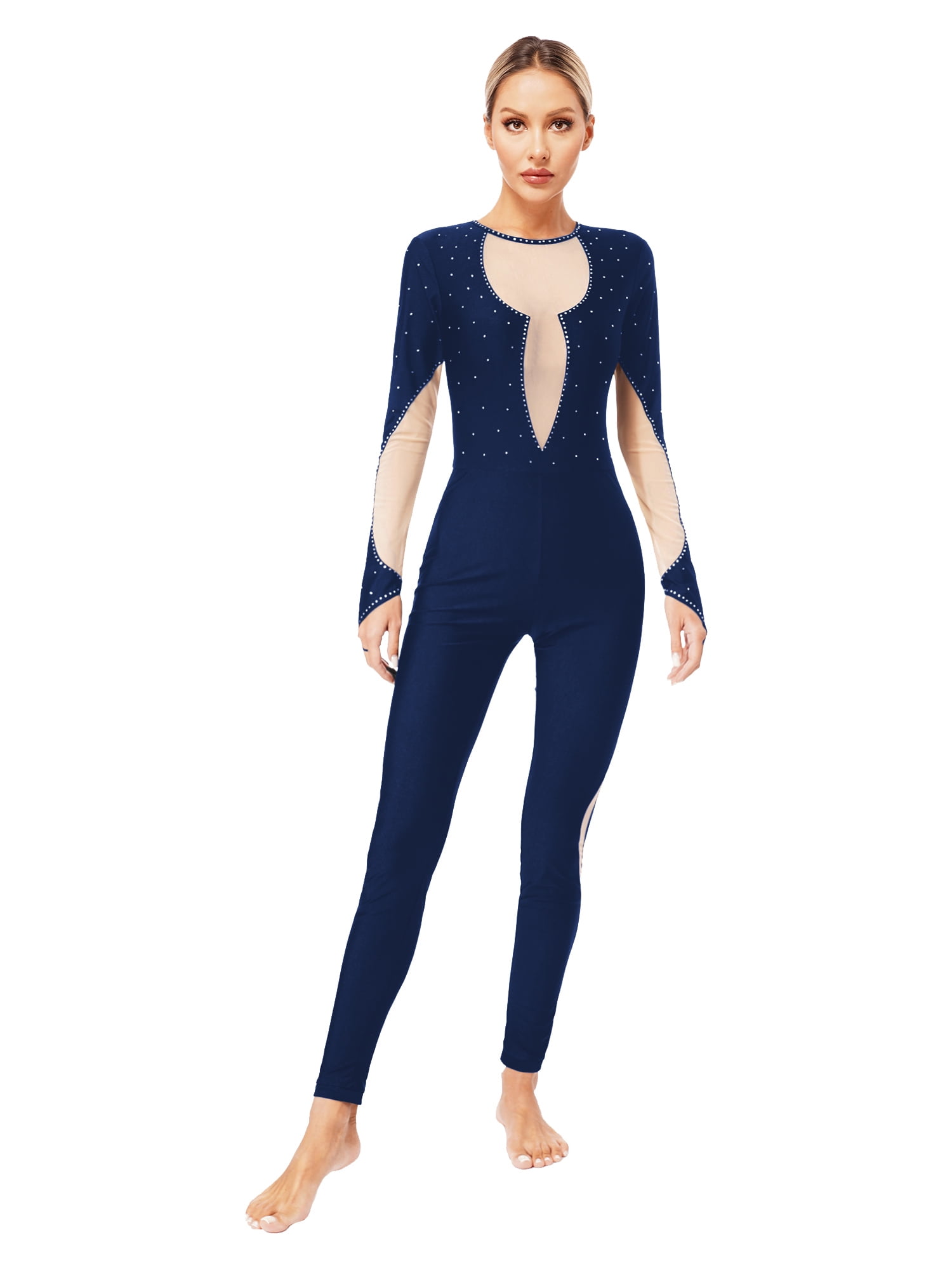 Haitryli Women's Full Body Long Sleeve Unitard One Piece Rhinestone Ice ...