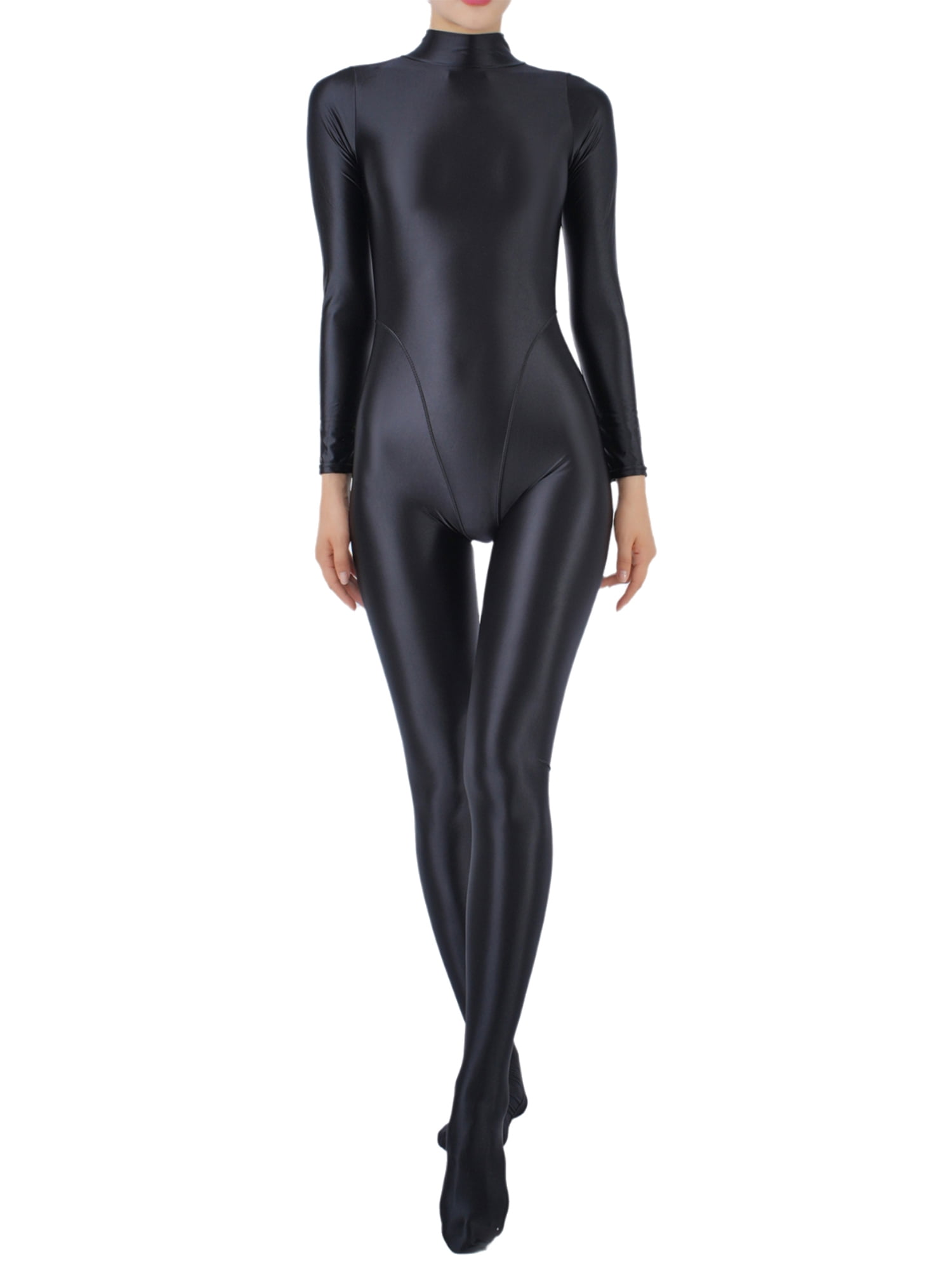 Haitryli Women's Long Sleeve Glossy Bodystocking Bodysuit Full Body ...
