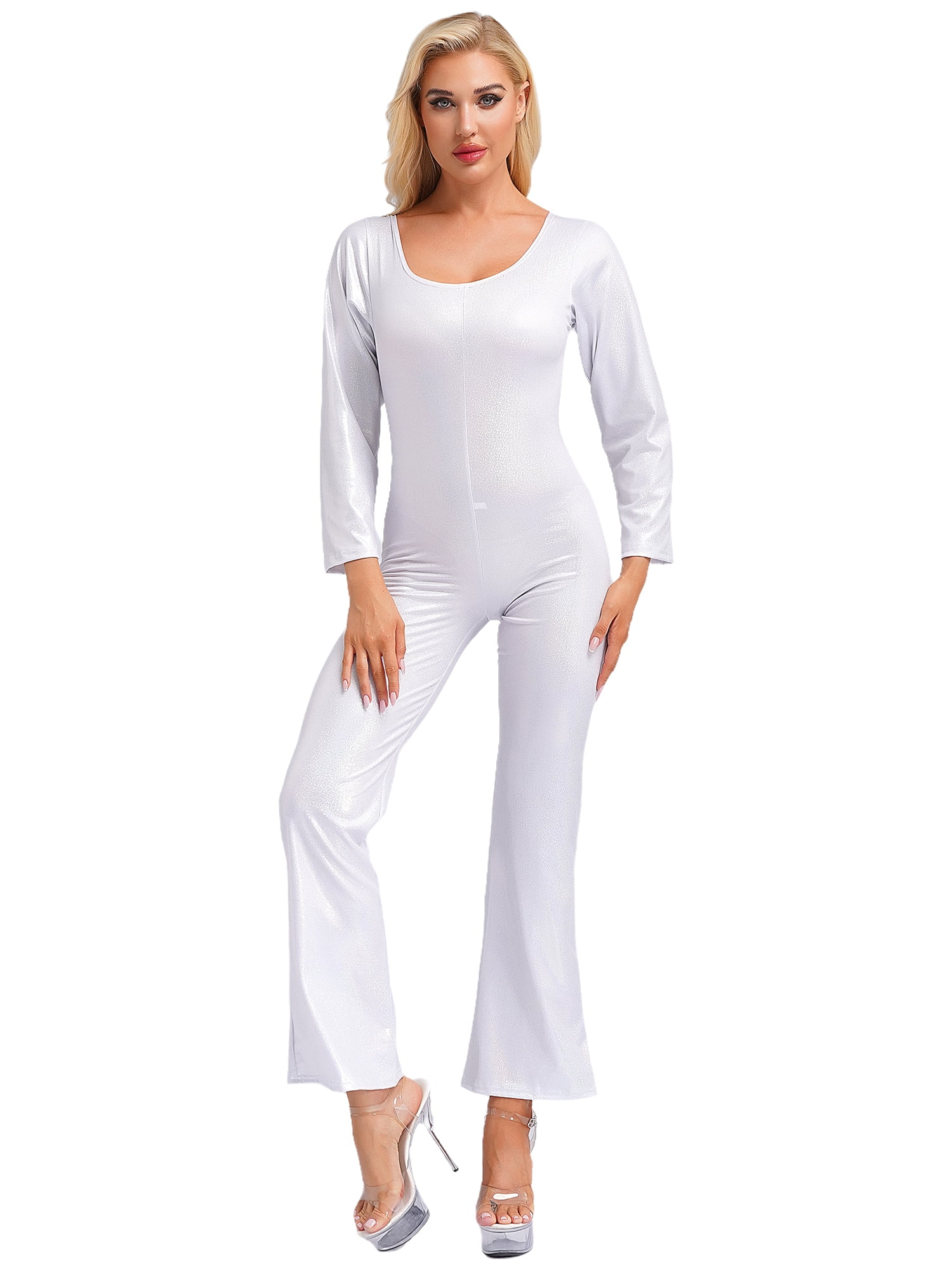 Haitryli Women's Long Sleeve Unitard Dance Costume Shiny Metallic Full ...