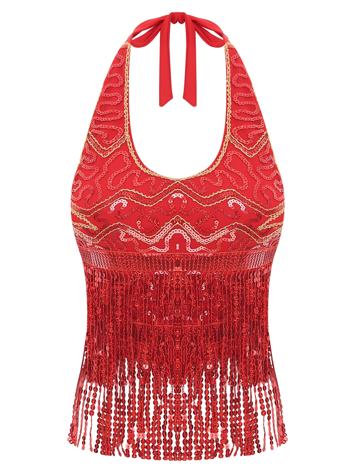 Haitryli Women's Sequin Tassel Crop Tops Belly Dance Bra Top Halter ...