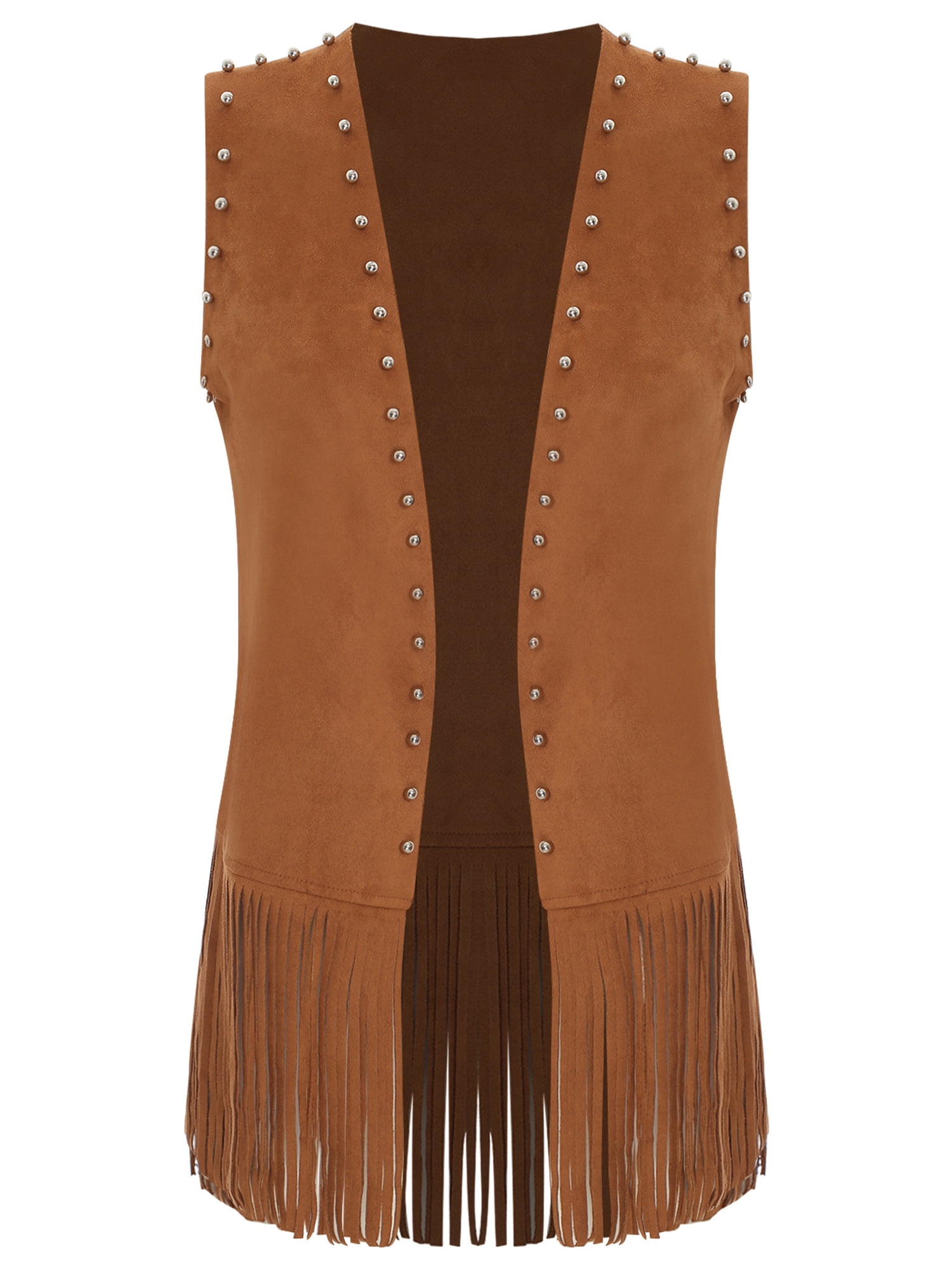 Haitryli Womens Fringe Vest Jacket Faux Suede Rivets Western Vest ...