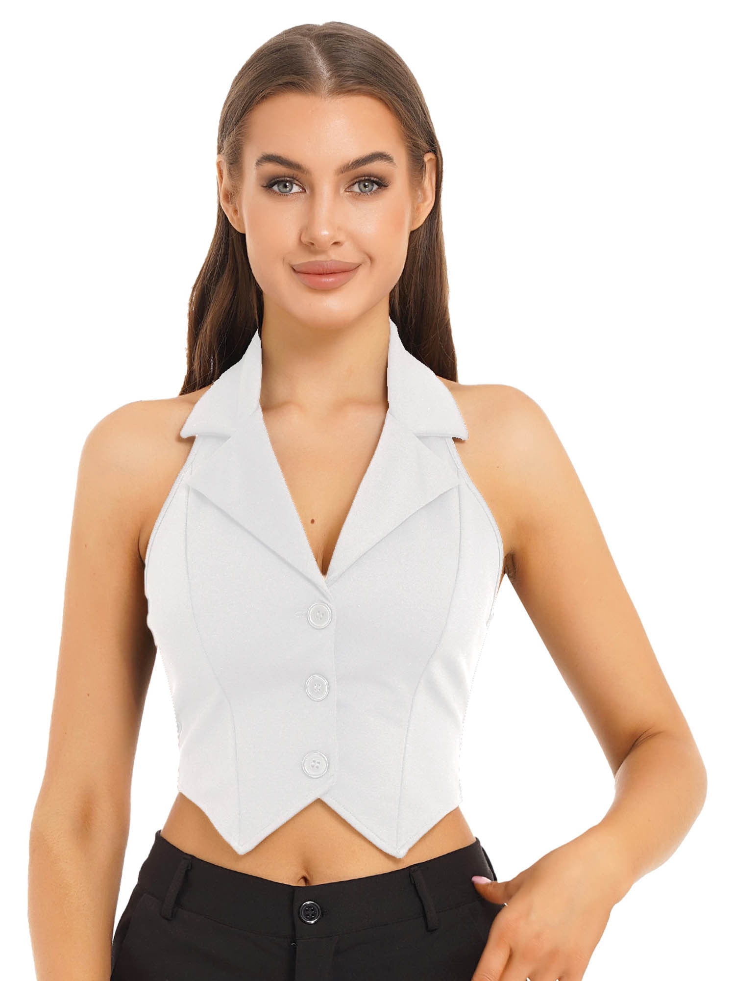 Haitryli Womens Notched Lapel Backless Button Suit Vest Waistcoat Work ...