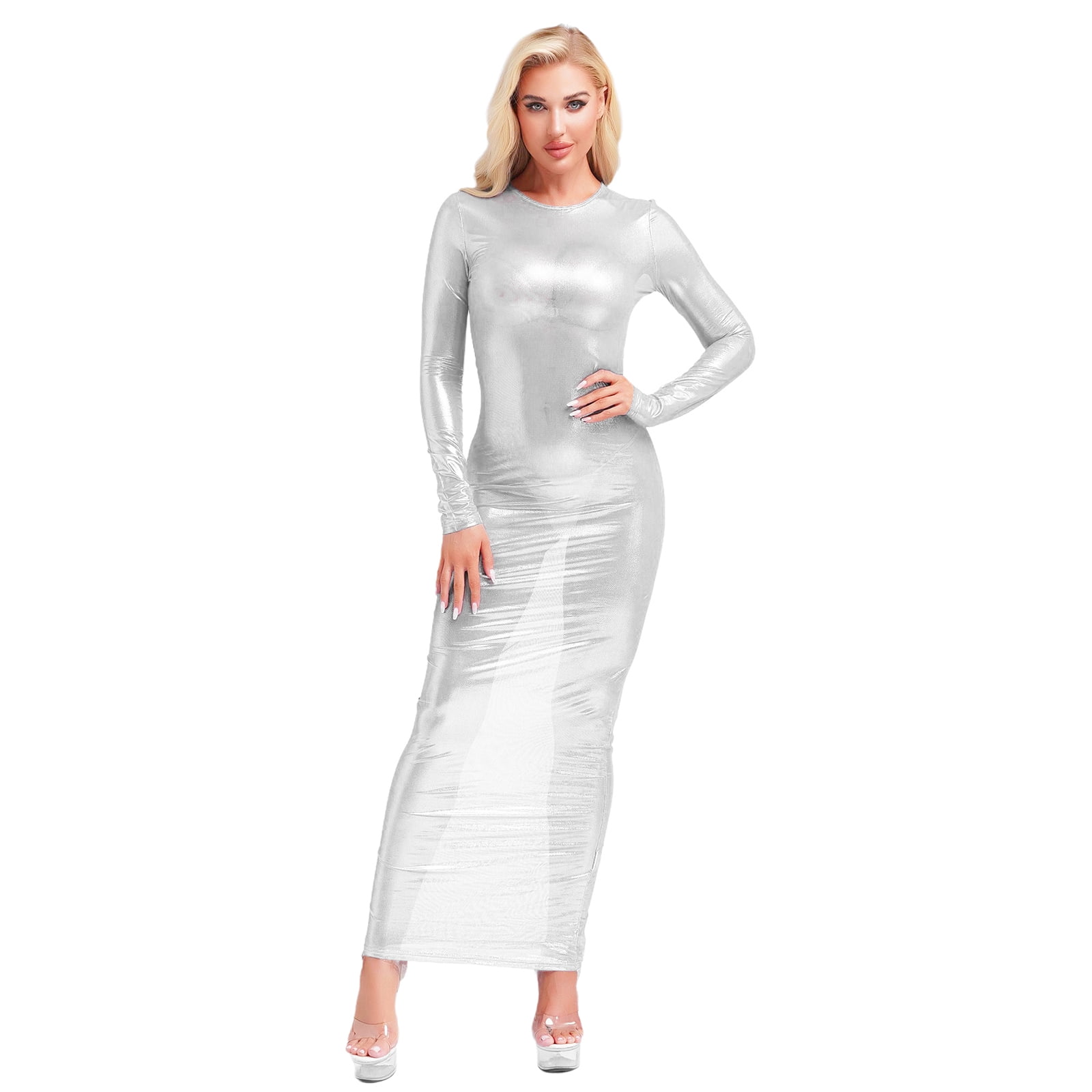 Haitryli Womens Sheer Mesh Maxi Dress Bodycon Round Neck Full Bodywear ...