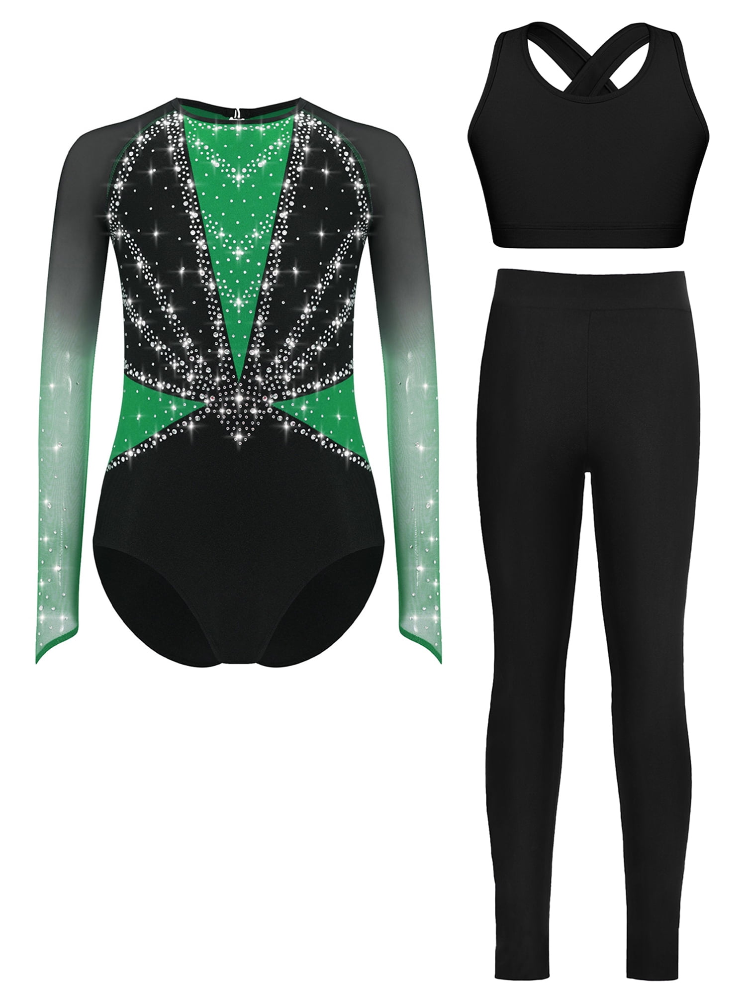 Haitryli Youth Girls' Athletic Dance Leotards 3-Piece Sparkle Dancing ...