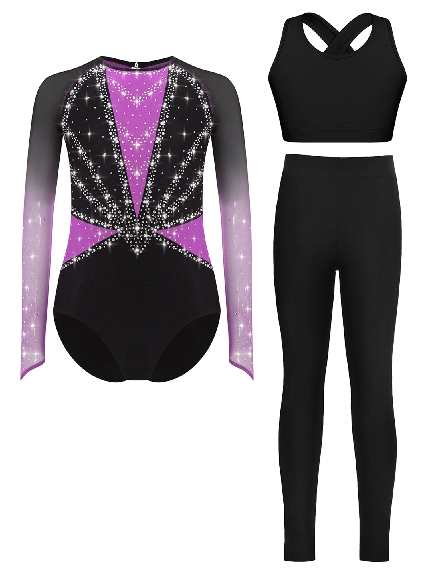 Haitryli Youth Girls' Athletic Dance Leotards 3-Piece Sparkle Dancing ...