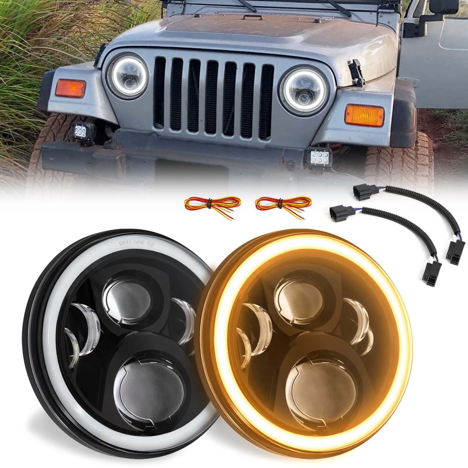 Haitzu 7 inch led STF9 Headlight Round 2pc Hi/Lo Beam DRL Amber Turn ...