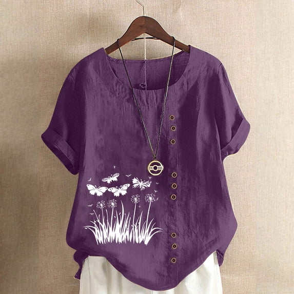 Haivin Women's Casual Floral Print Short-Sleeve T-Shirt, Button-Down ...