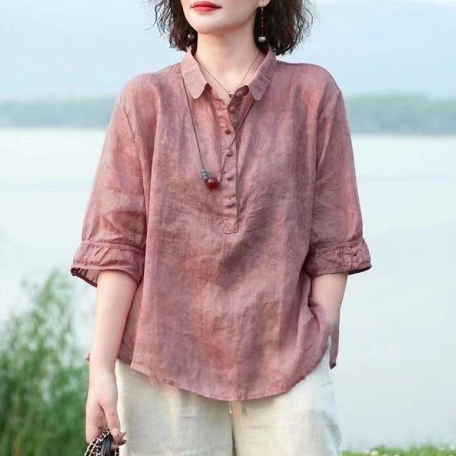 Haivin Women's Mid-Sleeve Blouse with Turn-Down Collar,Soft and ...