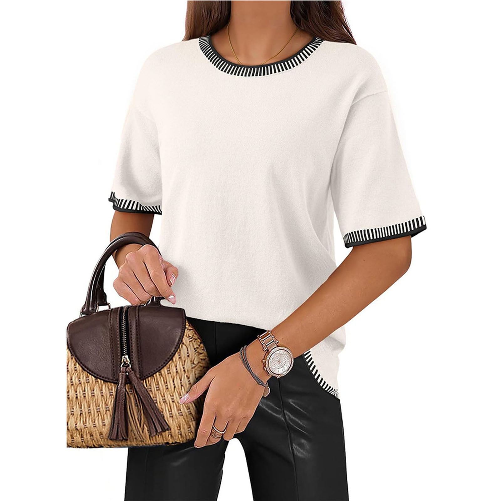 Haivin Women's Solid Color Knit T-Shirt with Color Block Design ...