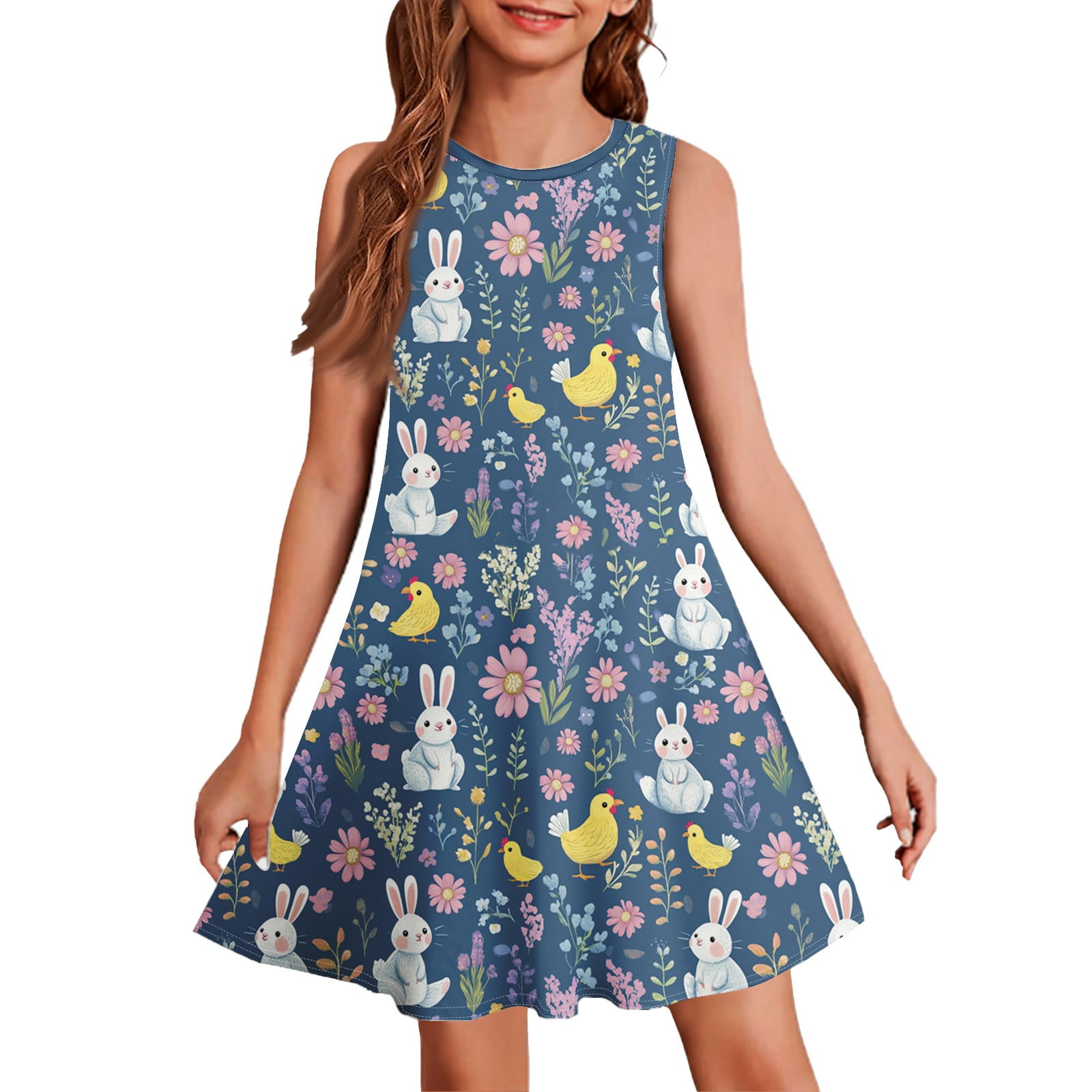 Hajmiiikey Girl Summer Dress Sleeveless Printed Color Casual Dress Blue ...