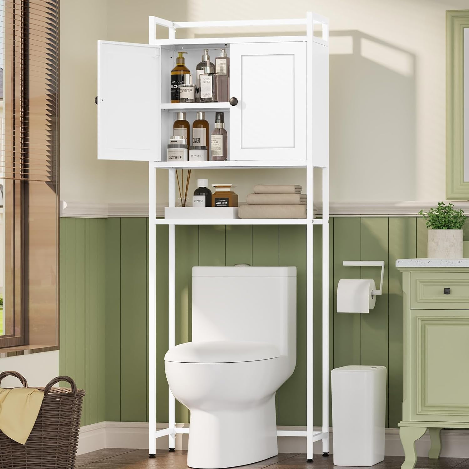 Hak Toielt Shelf 67" H White,Over The Toilet Storage Cabinet with Doors ...