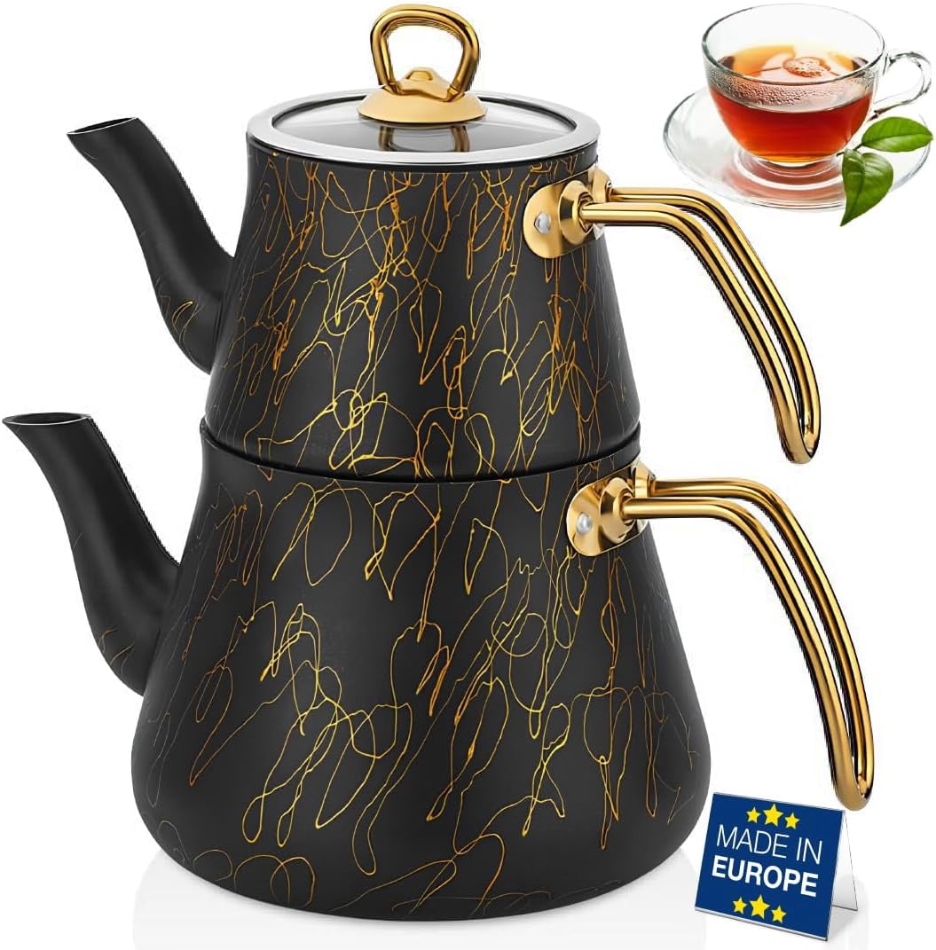 Hakan Black & Gold Avangarde Granite Teapot Set | Keeps Heat, Stovetop ...