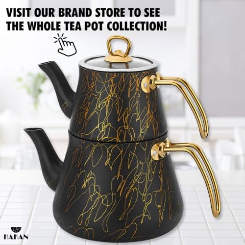 Hakan Black & Gold Turkish Tea Pots Set for Stove Top, Granite Double ...