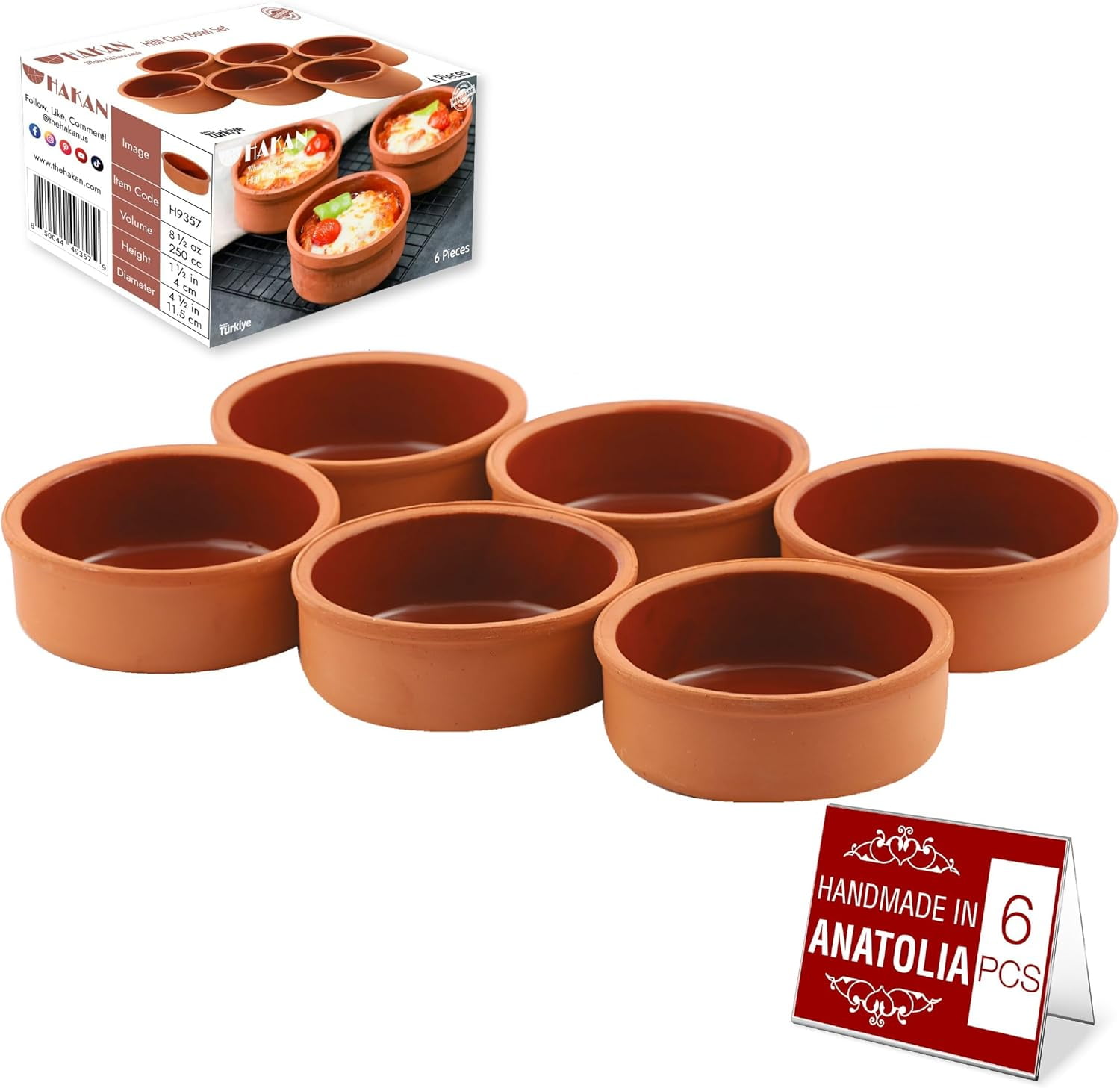 Hakan Hitit Clay Bowl Set of 6, Terracotta 4.5-inch Bowls, 8.5 Oz ...