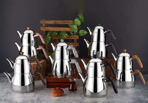 Hakan Kahramanlar Elmas Black Handle Stainless Steel Turkish Teapot Set ...