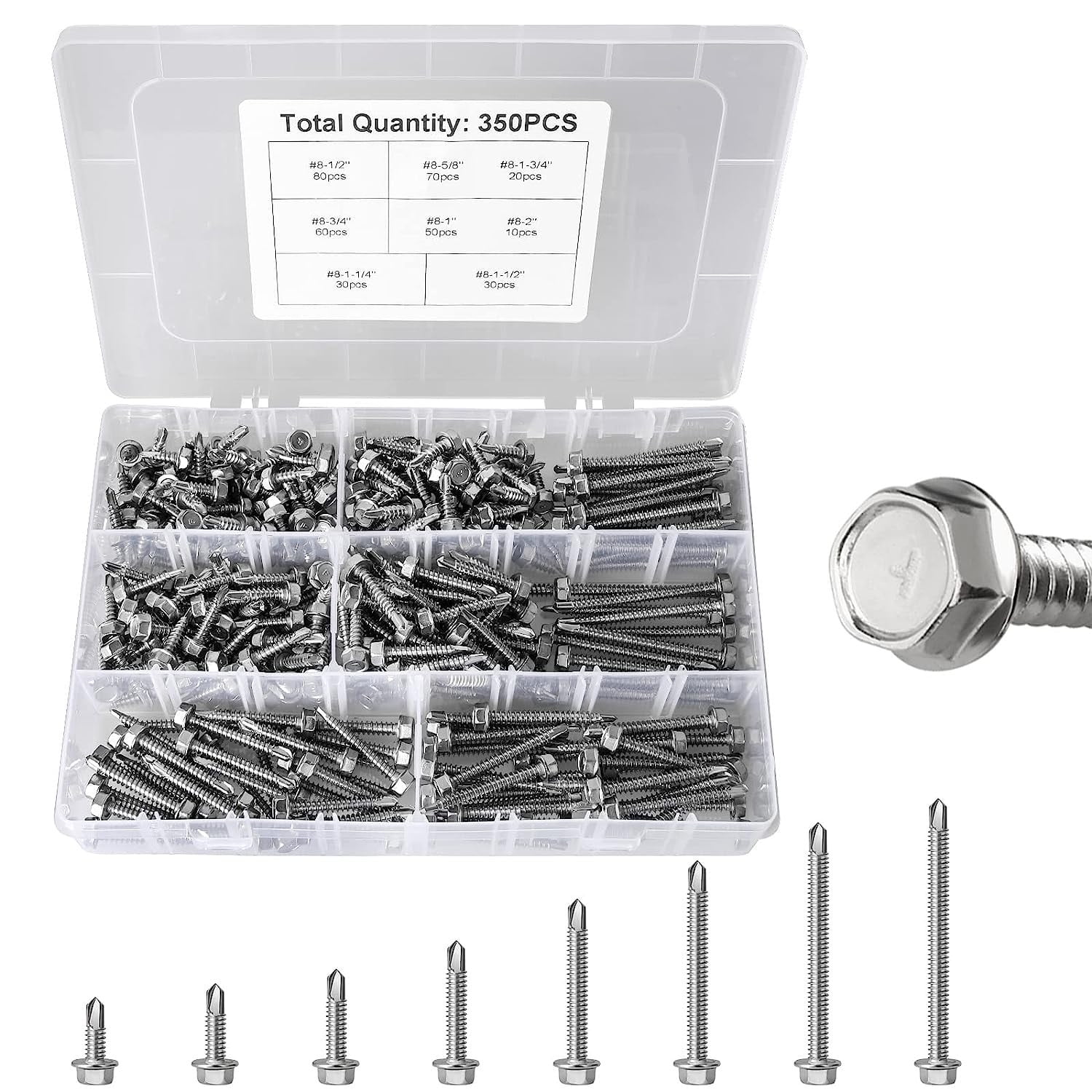 350PCS Hex Head Self Tapping Screws Assortment Kit, 410 Stainless Steel Self Drilling Metal ...